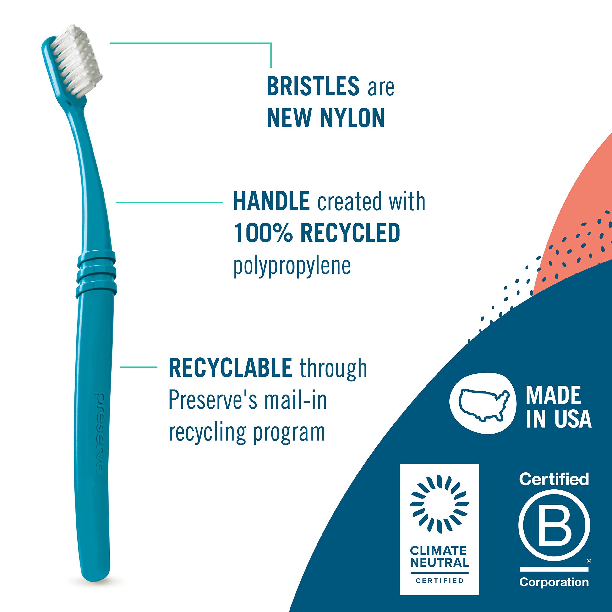 Preserve Eco Friendly Adult Toothbrushes, Made in The USA from Recycled Plastic, Soft Bristles, Paperboard Package, Colors Vary, 6 Count (Soft)