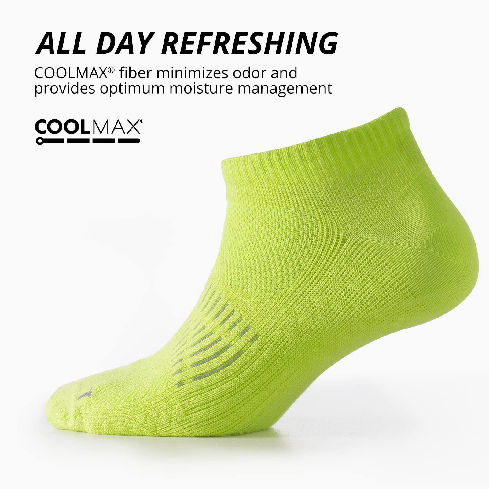 AKASO Ankle Athletic Running Socks - Coolmax Moisture Wicking Anti-Odor Low Cut Socks for Walking Sport Men Women, 2 Pack (Neon Yellow, L)