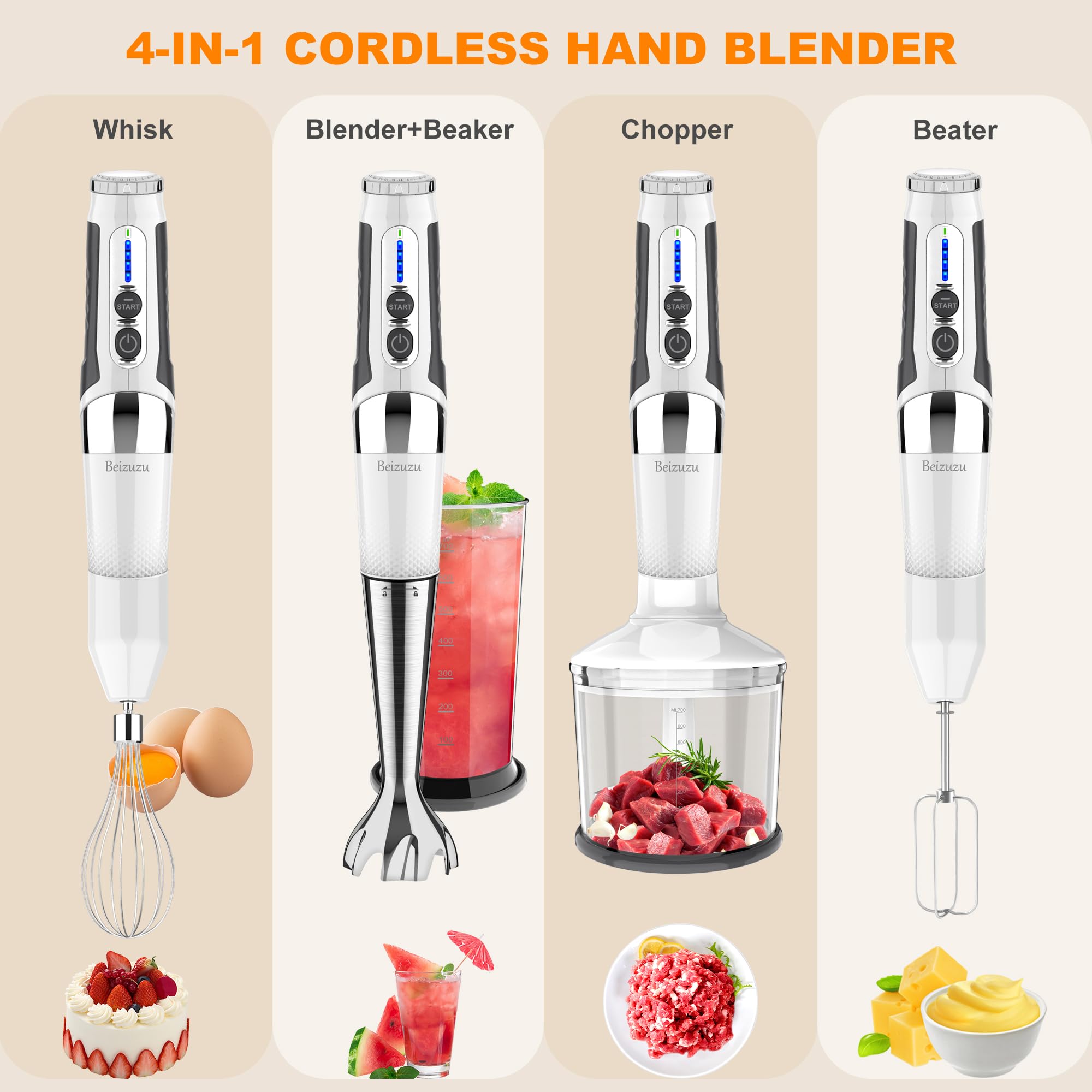 Cordless Hand Blender: 4-in-1 USB Rechargeable Immersion Blender, 21 Variable Speeds & 3-Angle Adjustable with 700ml Chopper, 700ml Beaker, Egg Whisk and Beater for Smoothies, Soup, Baby Food (White)