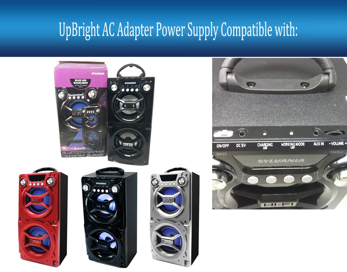 UpBright 5V AC/DC Adapter Compatible with Sylvania Blue LED Hi-Fi Speak Portable Bluetooth BT Speaker SP328 SP328-B Black DVE DSA-12CB-05 050200 DSA-12CB-05050200 DC5V 3.5mm USB Power Supply Charger