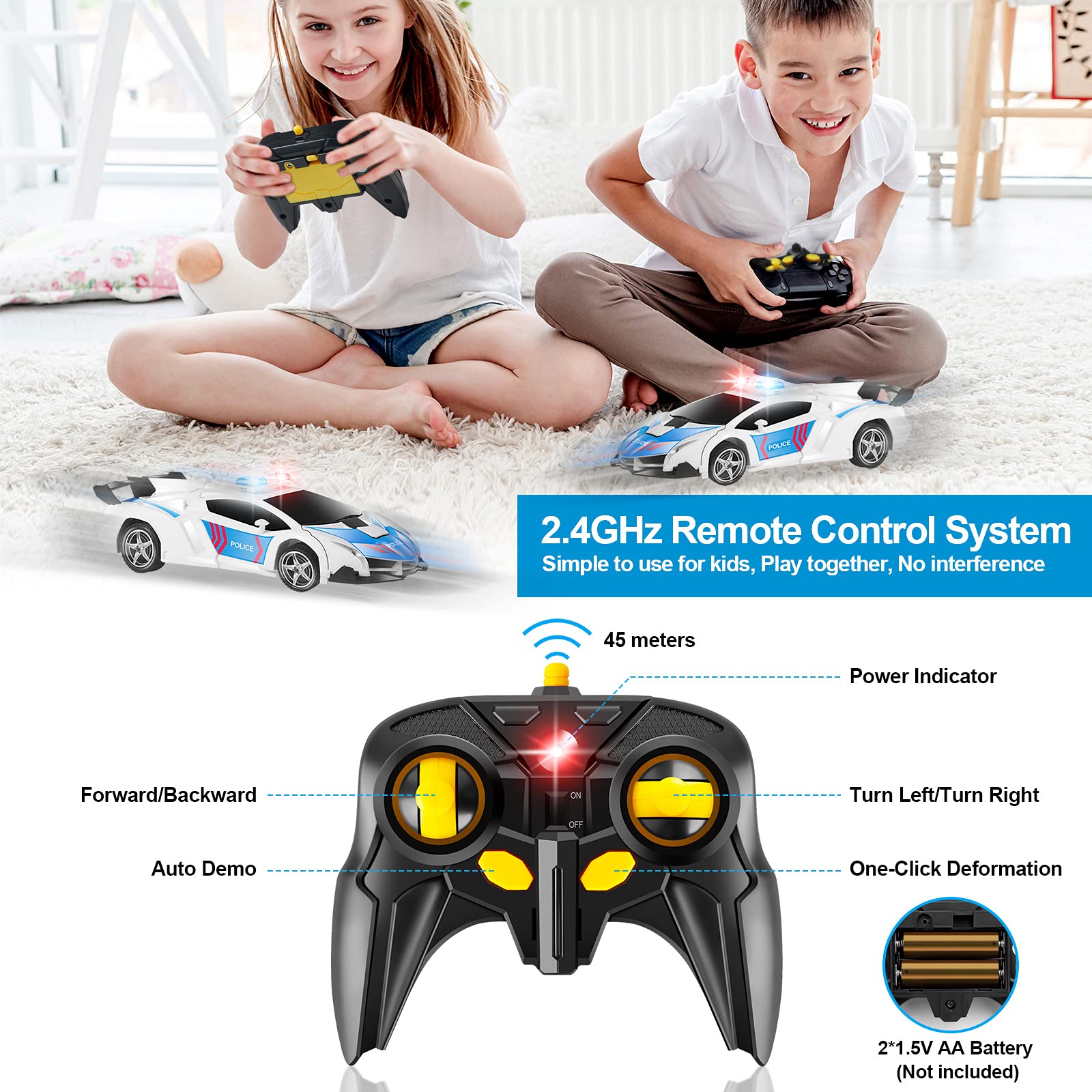 CEGOUFUN 1:18 Scale Transform RC Car Robot for Kids, Remote Control Car with One Button Deformation, 2.4Ghz Remote Control Police Toy Car with 360 Degree Drifting, Great Toys Gift for Boys Girls