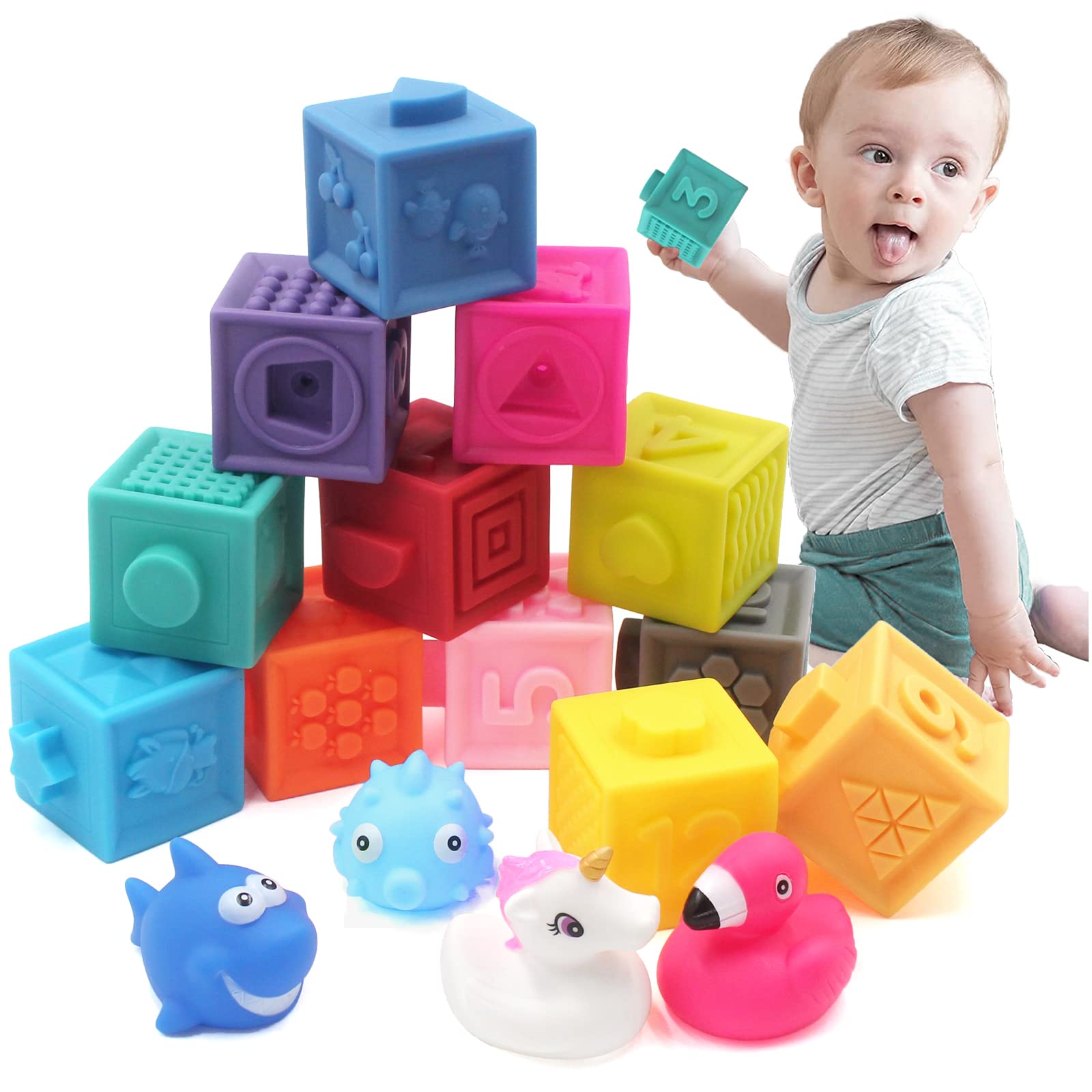 KIDPAPA Baby Blocks,16 PCS Baby Soft Building Blocks, Stacking Blocks with Shark Animals and Number, Educational Montessori Toys for Babies 6 to 12 Months and Up