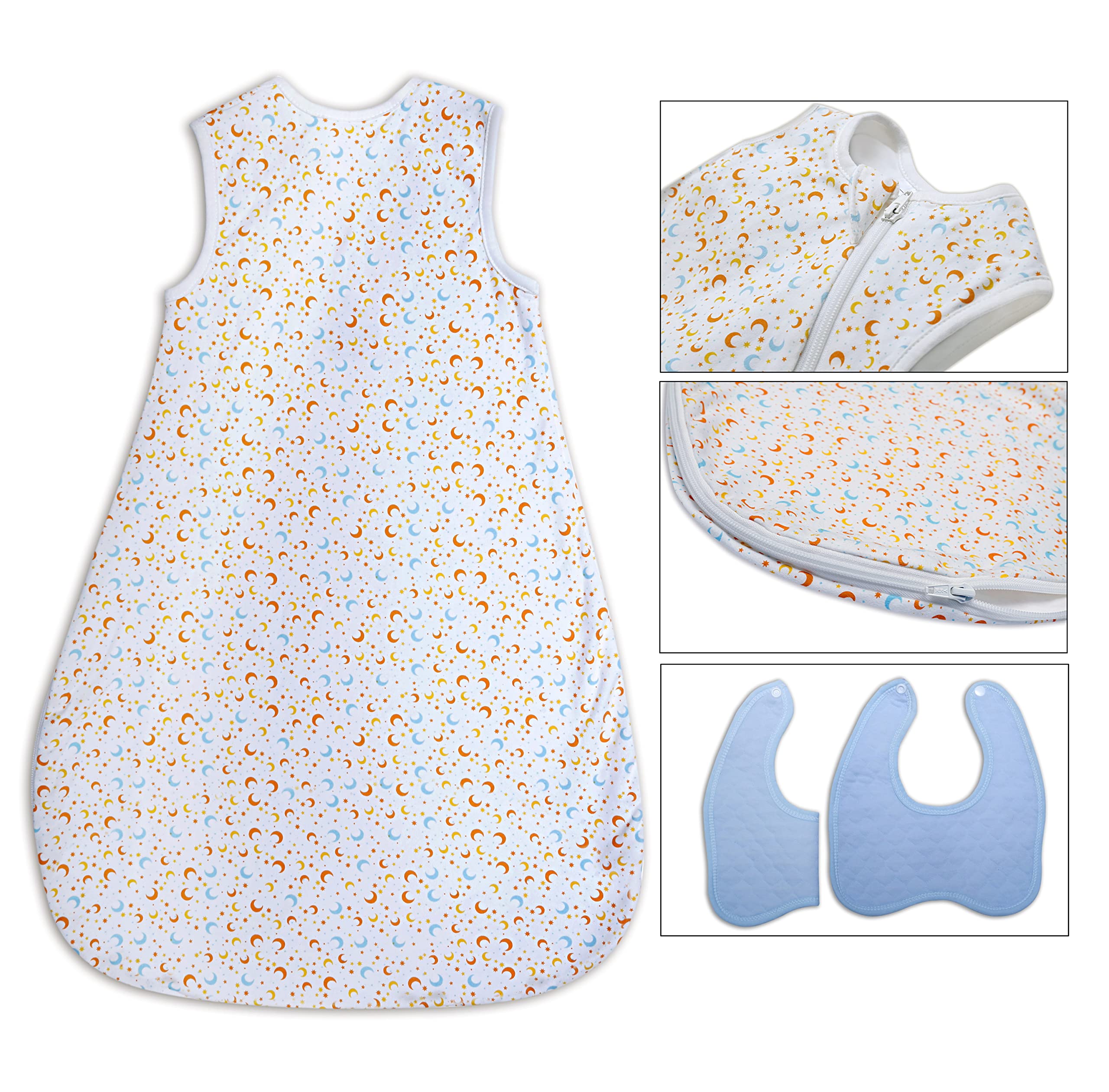 Baby Sleep Sack and Baby Bibs with 100% Cotton Material Toddler Sleeping Sack, Cute and Comfortable Baby Swaddle Sack has Adjustable Length for Infants and Toddlers (White, 6-15 Months)