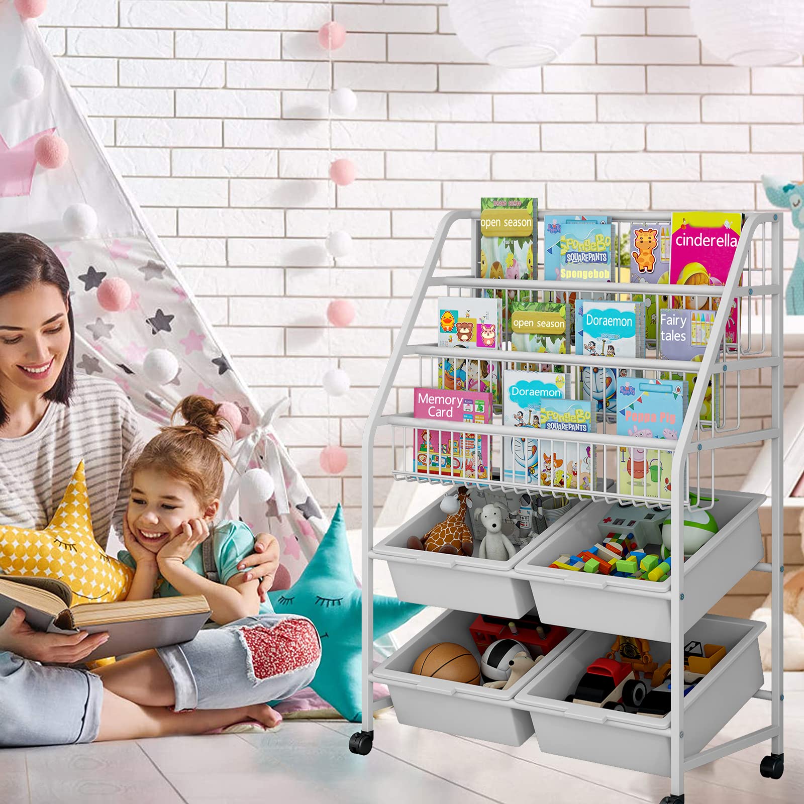 LINZINAR Bookshelf Iron Toy Organizer 3 Tier Mobile Bookrack 4 Plastic Toy Storage Boxes with Wheels—White…
