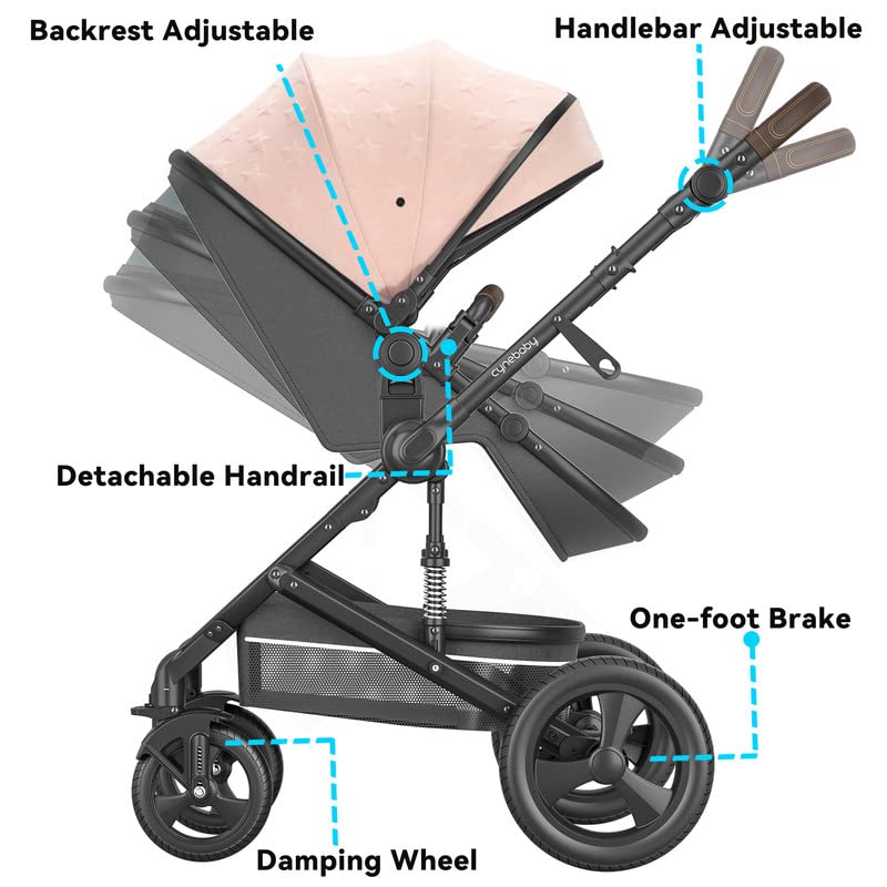 Baby Stroller for Newborn to Toddler, Cynebaby Bassinet Stroller Luxury Infant Pushchair Multi Position Reclining Pram with Mommy Bag/footmuff