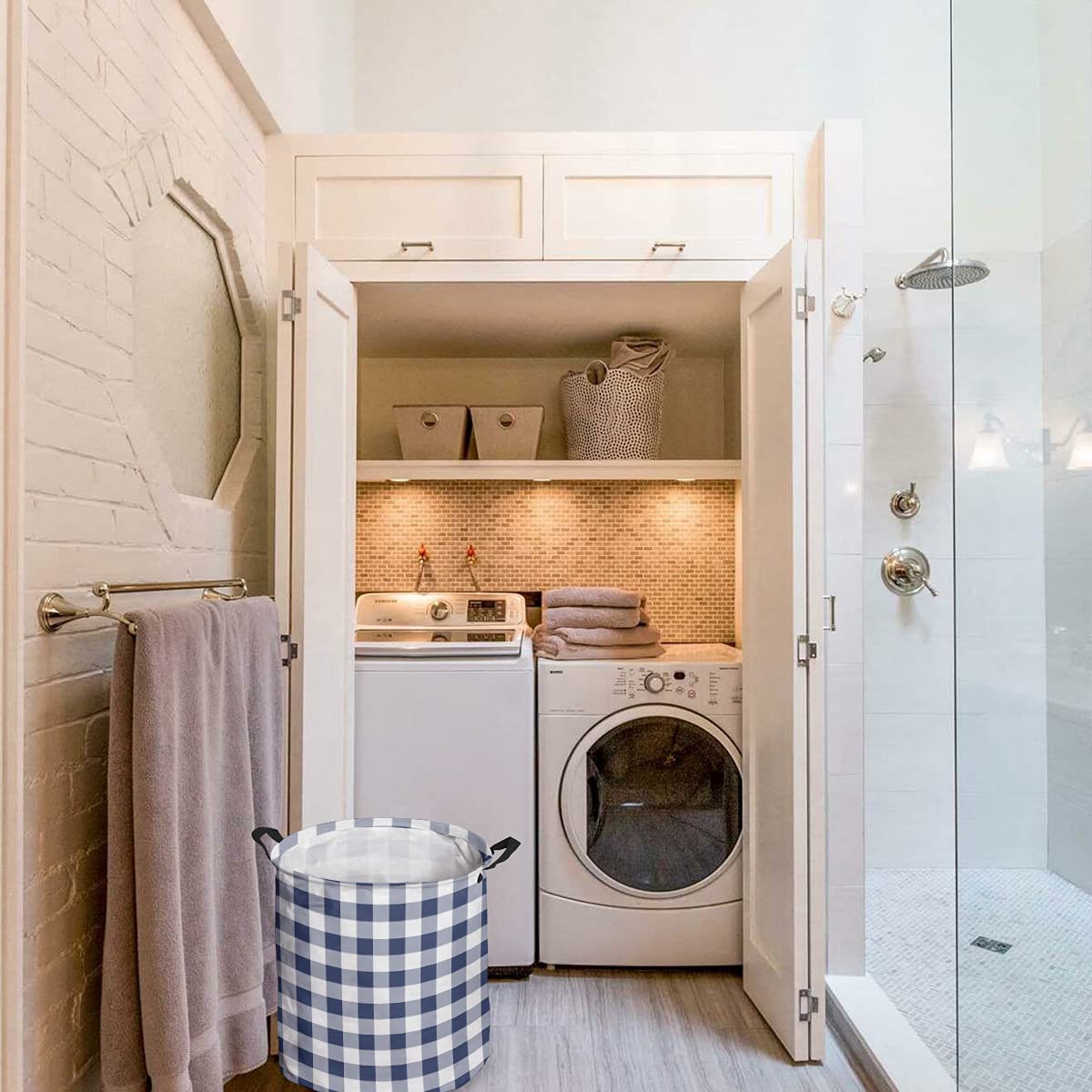 Navy Blue White Plaid Laundry Basket Large 16.5"x17" Waterproof Laundry Hamper, Farmhouse Checkered Buffalo Collapsible Toys Blankets Storage Baskets Clothes Hamper for Bathroom Bedroom Living Room