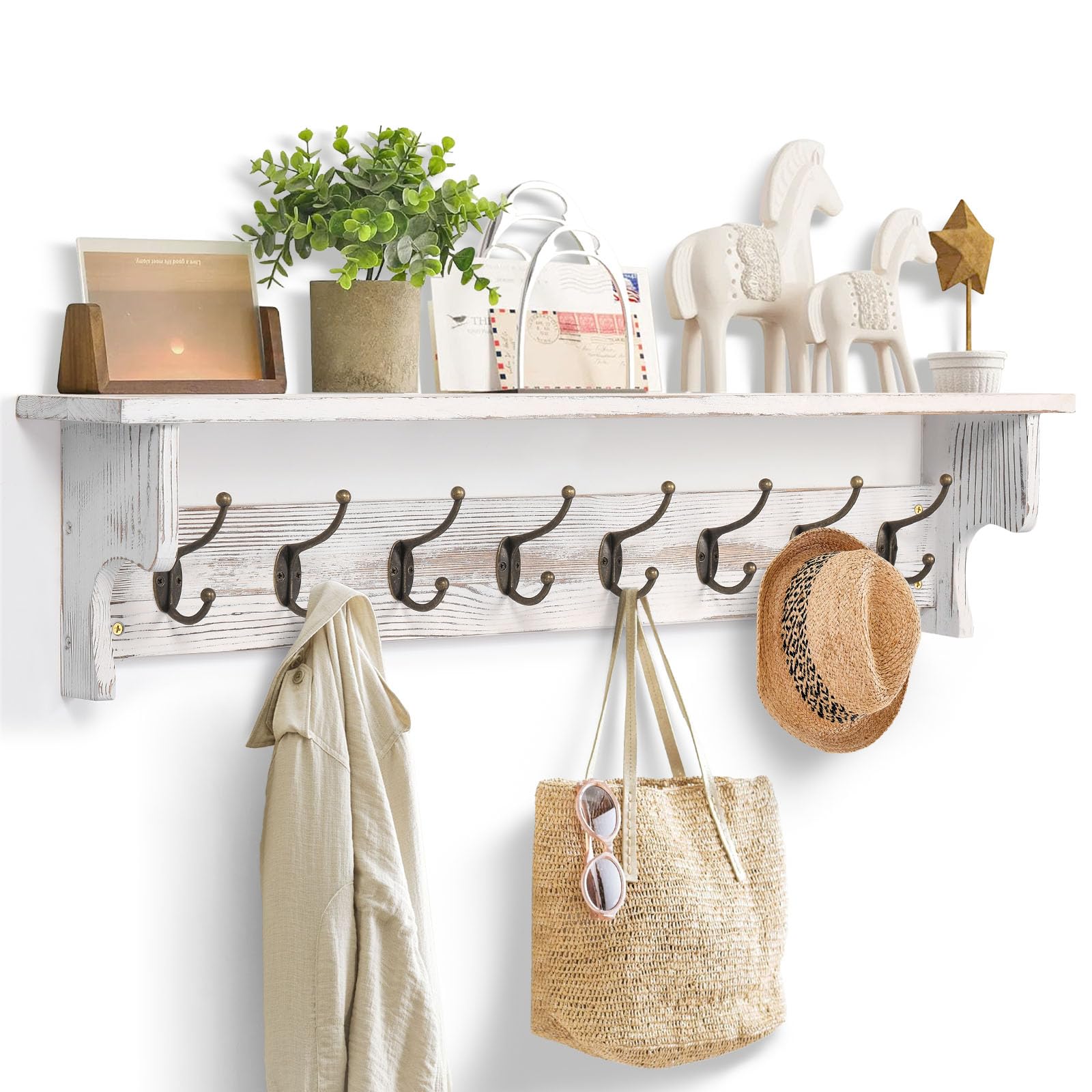 BECHAEO 35.8'' Wood Coat Rack Wall Mount with Shelf, White Wall Coat Rack with Hooks, Farmhouse Rustic Coat Hooks with Shelf for Entryway Bathroom Hallway Kitchen Bedroom