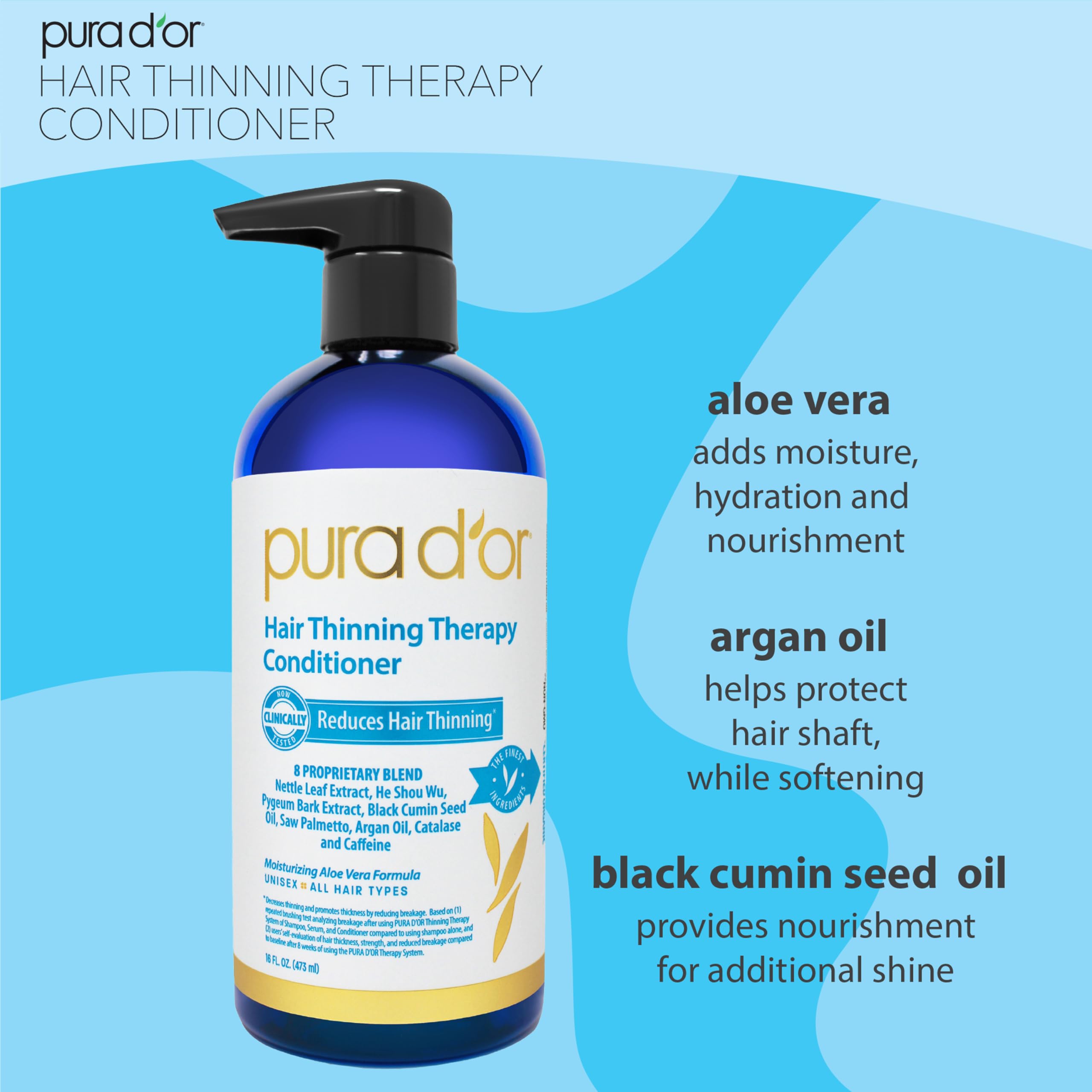 PURA D'OR 16 Oz Hair Thinning Therapy Biotin Conditioner, CLINICALLY TESTED Effective Results, Low Lather Deep Moisturizing Herbal DHT Blocker Hair Thickening Products For Women & Men, Color Safe