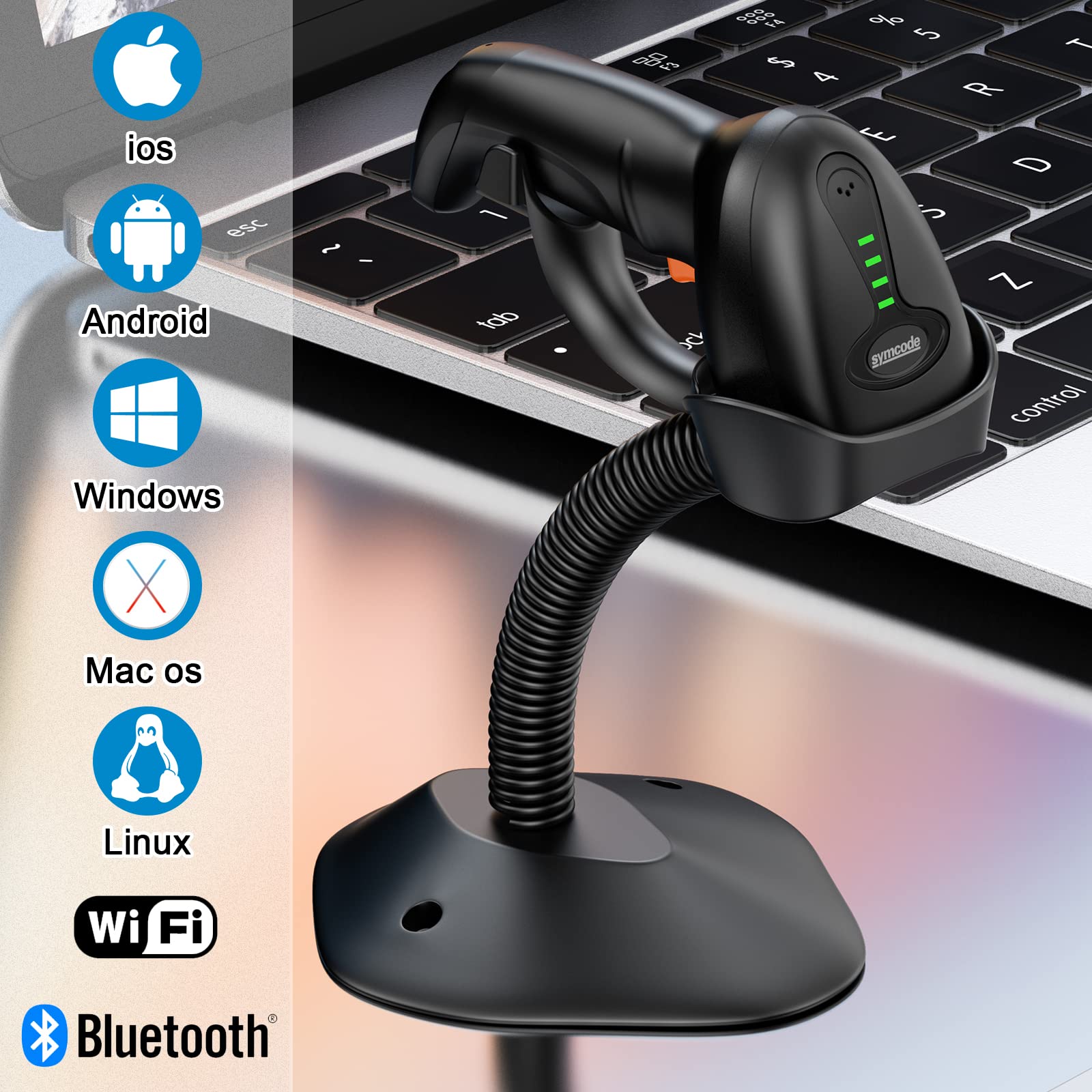 Bluetooth Barcode Scanner with Stand,2.4G Wireless & USB 2D QR Handheld Barcode Reader Scanner for Library Book, Warehouse Inventory, Store