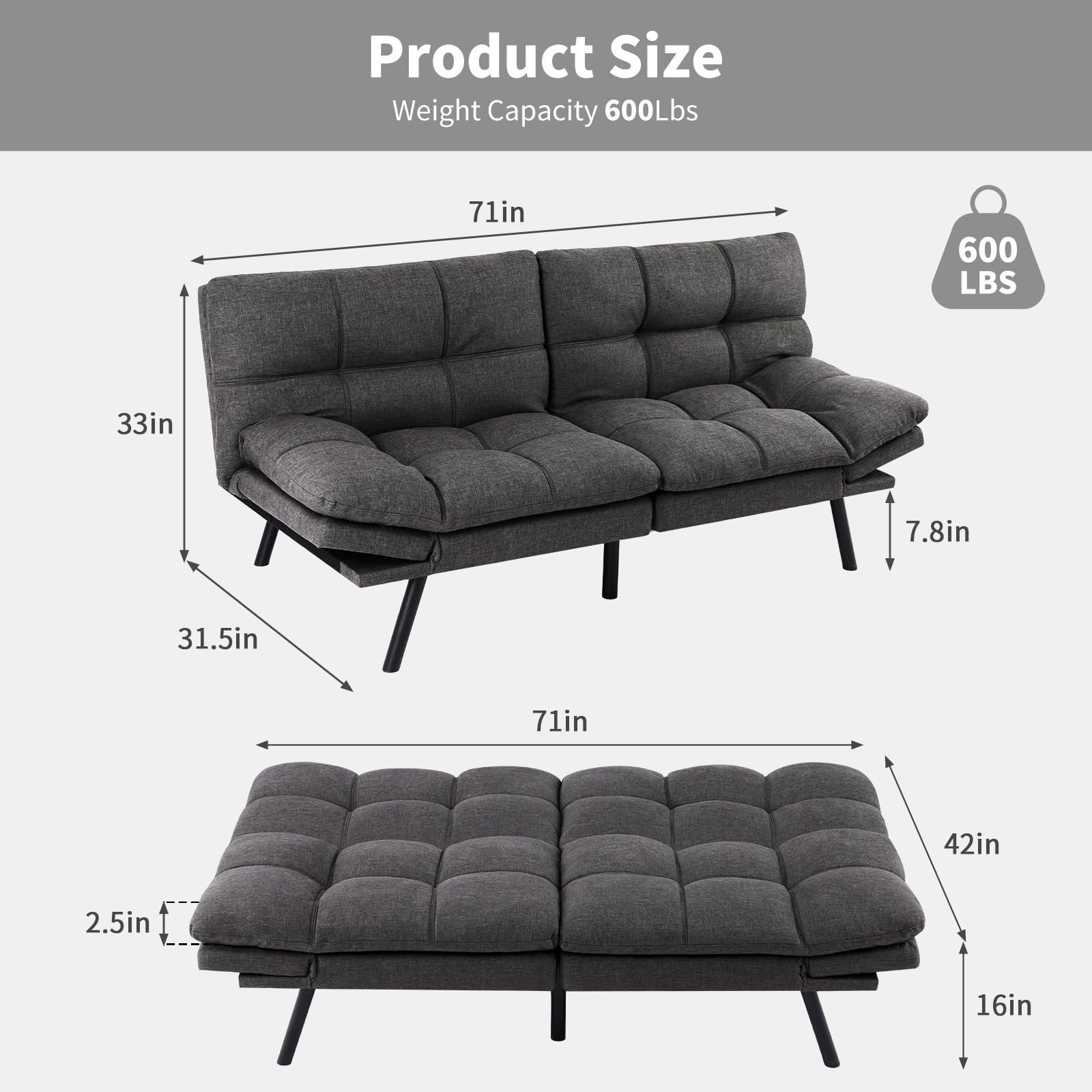 OLIXIS Futon Sofa Bed,Convertible Sofa Bed Couch, Memory Foam Loveseat Sofa,Small Splitback Sofa Sleeper for Office,Living Room,Grey