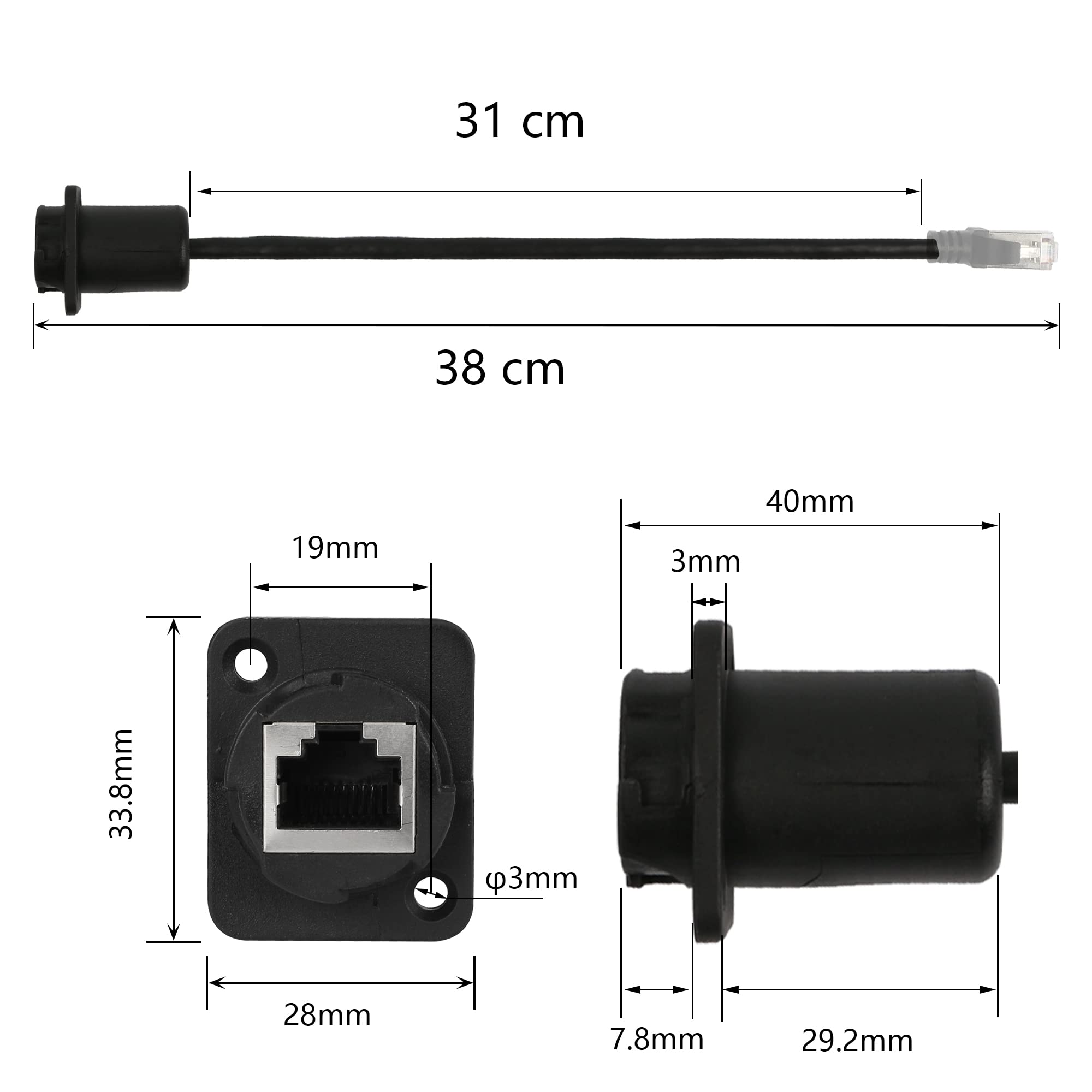 CERRXIAN 35cm RJ45 Male to Female Cat5 5e 6 Waterproof Panel Mount LAN Network Ethernet Extension Cable with Cap