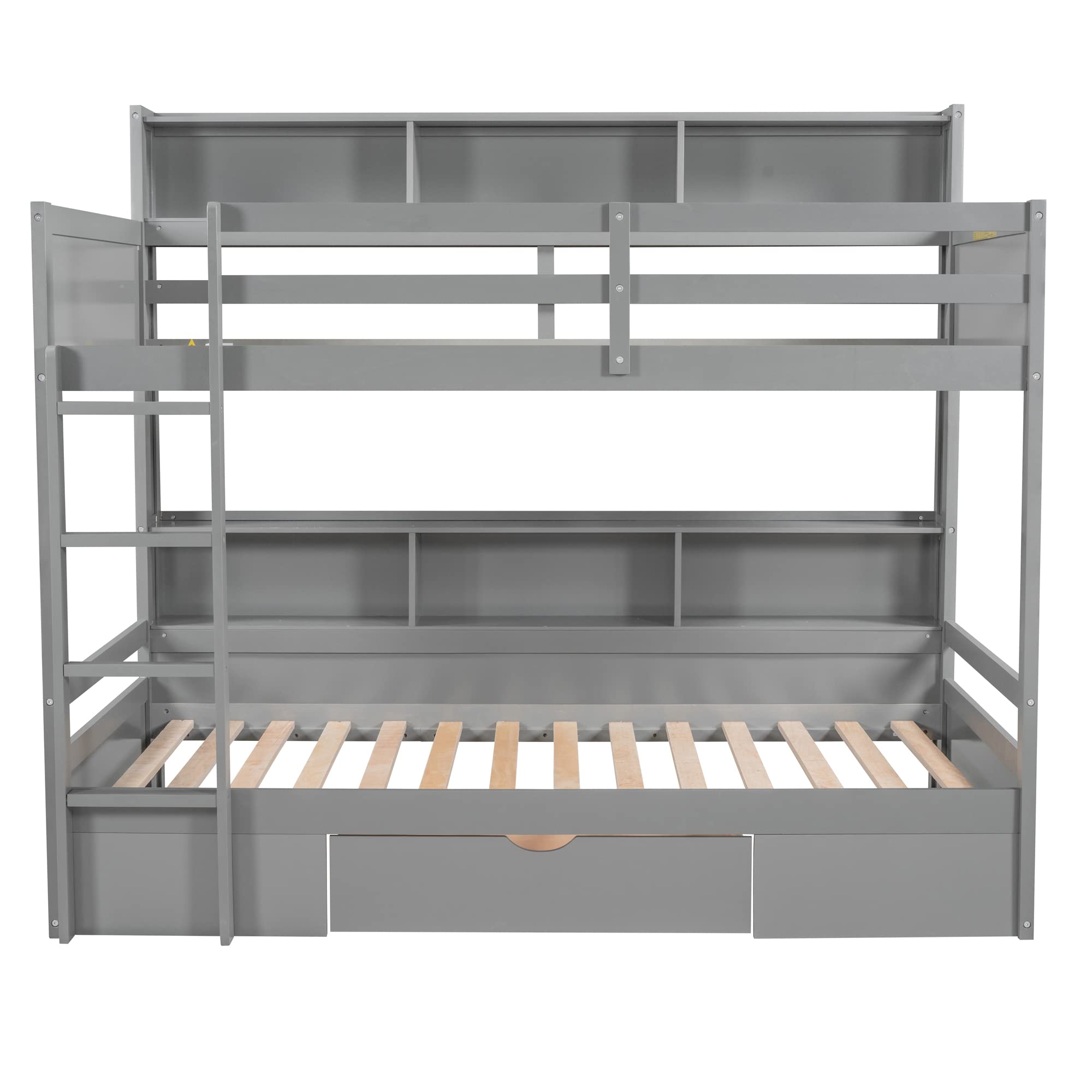 SOFTSEA Twin Over Twin Bunk Bed with Storage Shelves and Drawers, Solid Wood Bunk Bed Frame with Guardrails and Built-in Ladder for Kids, Twin Size Bunk Bed for Bedroom, Gray