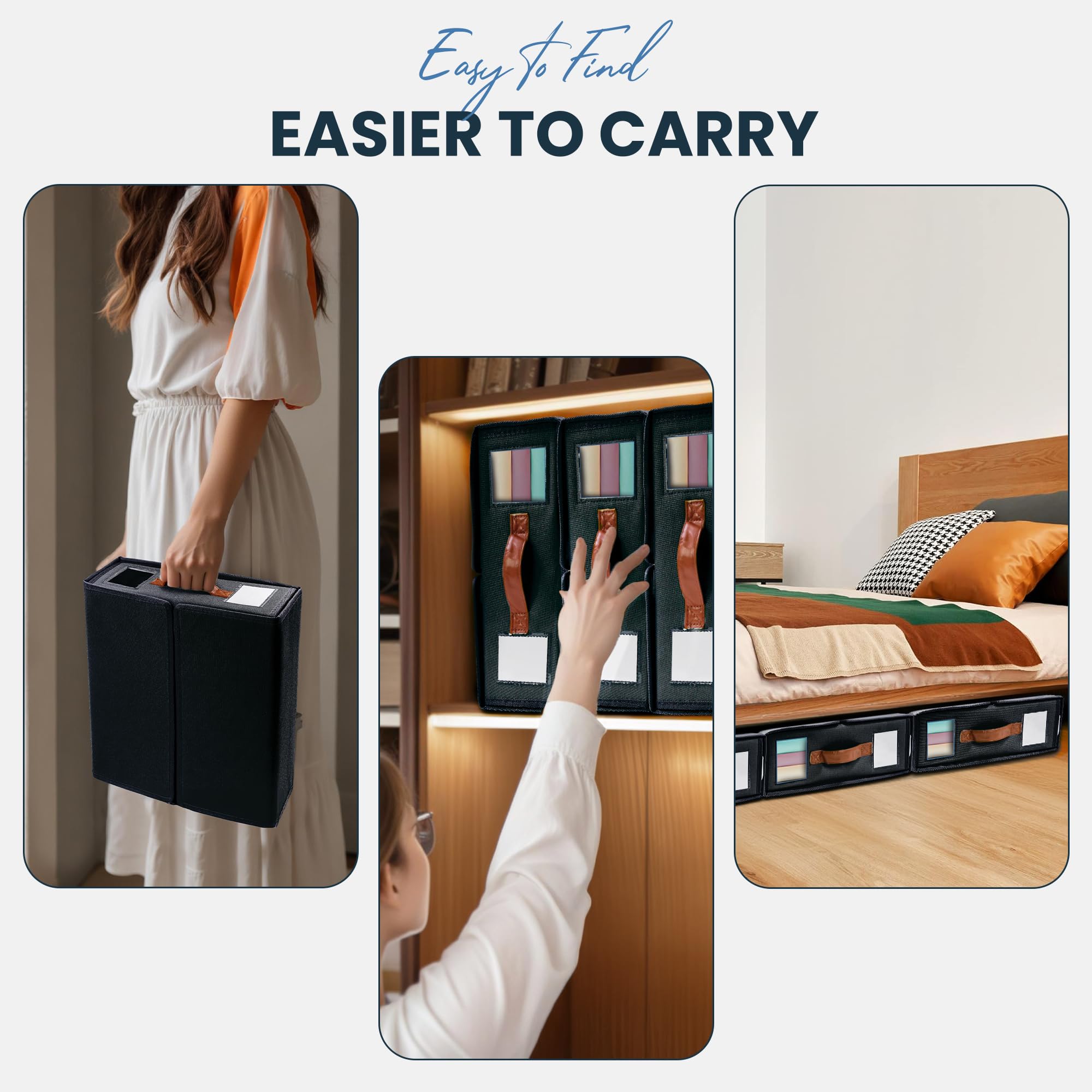 Bed Sheet Organizer pack of 4 – Beige Bed Sheet Organizers and Storage with Leather Handles – King & Queen Size Foldable Bed Sheet Storage Box with Label Cards & Windows for Visibility