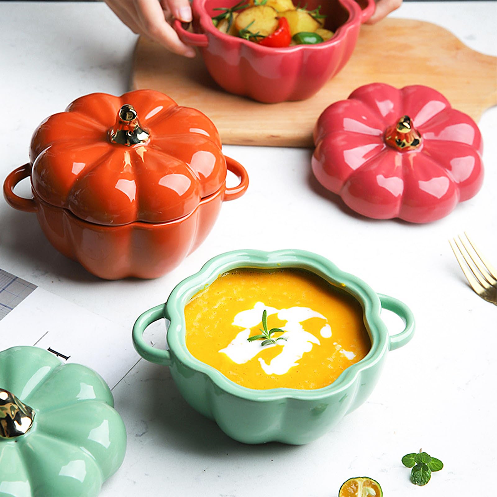 Dutch Oven Pot with Lid, Pumpkin Pottery Dessert Saucepan, Mini Baking Dish Cute Pumpkin Bowl, Covered Dutch Oven Ceramic Stockpot, Pumpkin-Shaped Casserole (Orange)