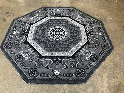 Carpet King Traditional Oriental Octagon Area Rug Grey Black Silver Gray Design 101 (5 Feet 3 Inch X 5 Feet 3 Inch)