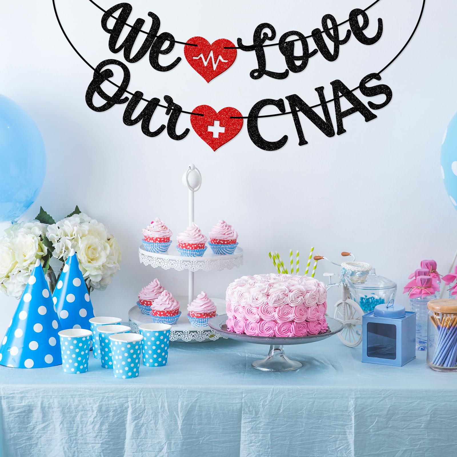Firefairy We Love Our CNAs Banner, CNA Appreciation Banner, Happy CNA Week Party Decor, Thank You CNAs Party Decor, Nursing Assistant Week Banner, Black and Red Glitter