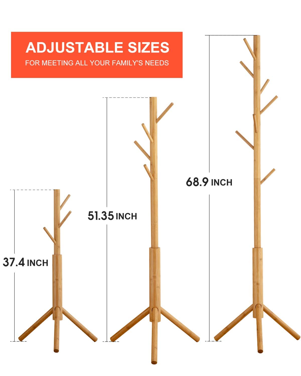 BMOSU Coat Rack freestanding Stand Bamboo Wooden Coat Tree 8 Hooks 3 Adjustable Standing Jackets Hanger Hallway Corner Parlor(Nature)