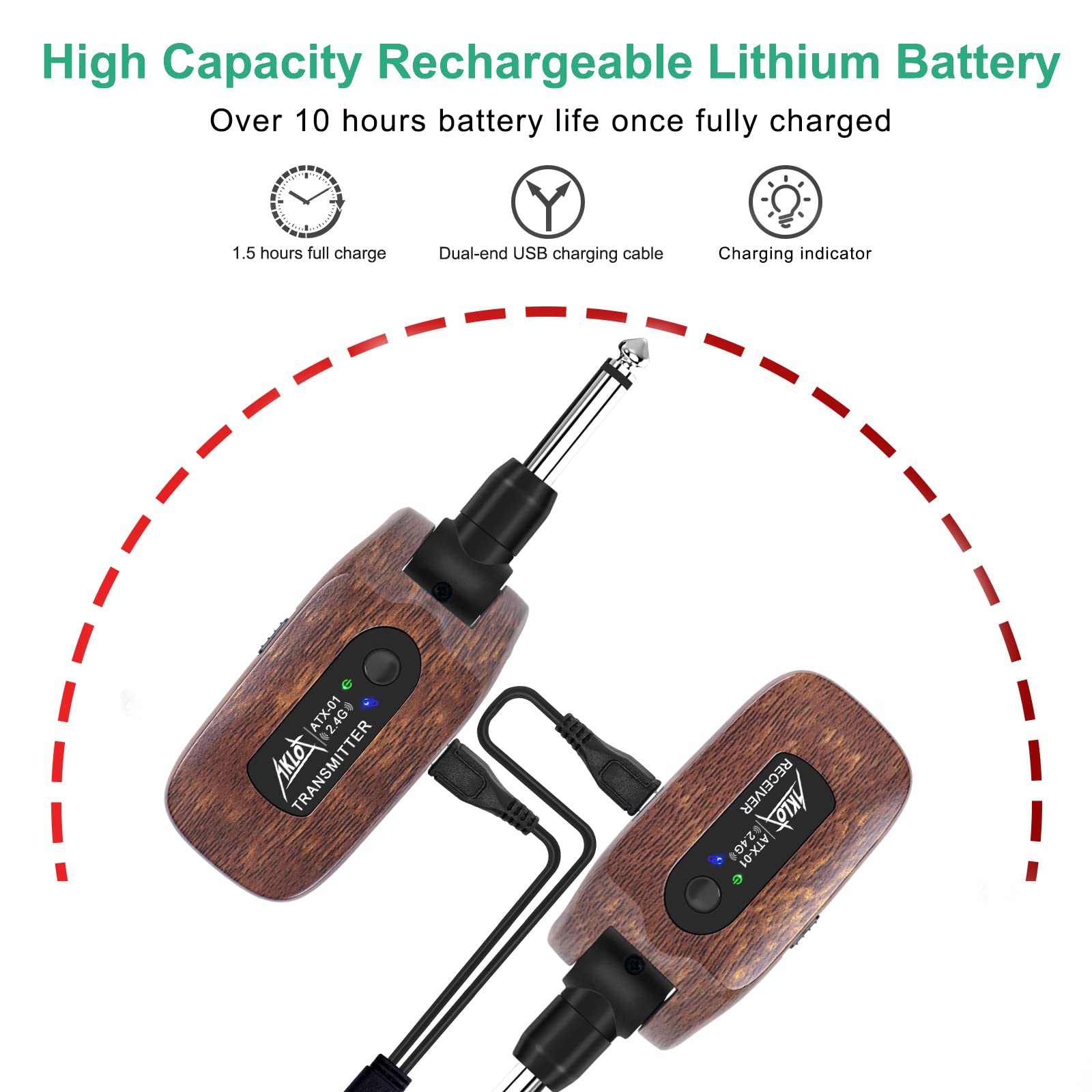 AKLOT Wireless Guitar System Transmitter Receiver Set 2.4GHz Built-in Rechargeable Lithium Battery Digital for Electric Guitar Bass