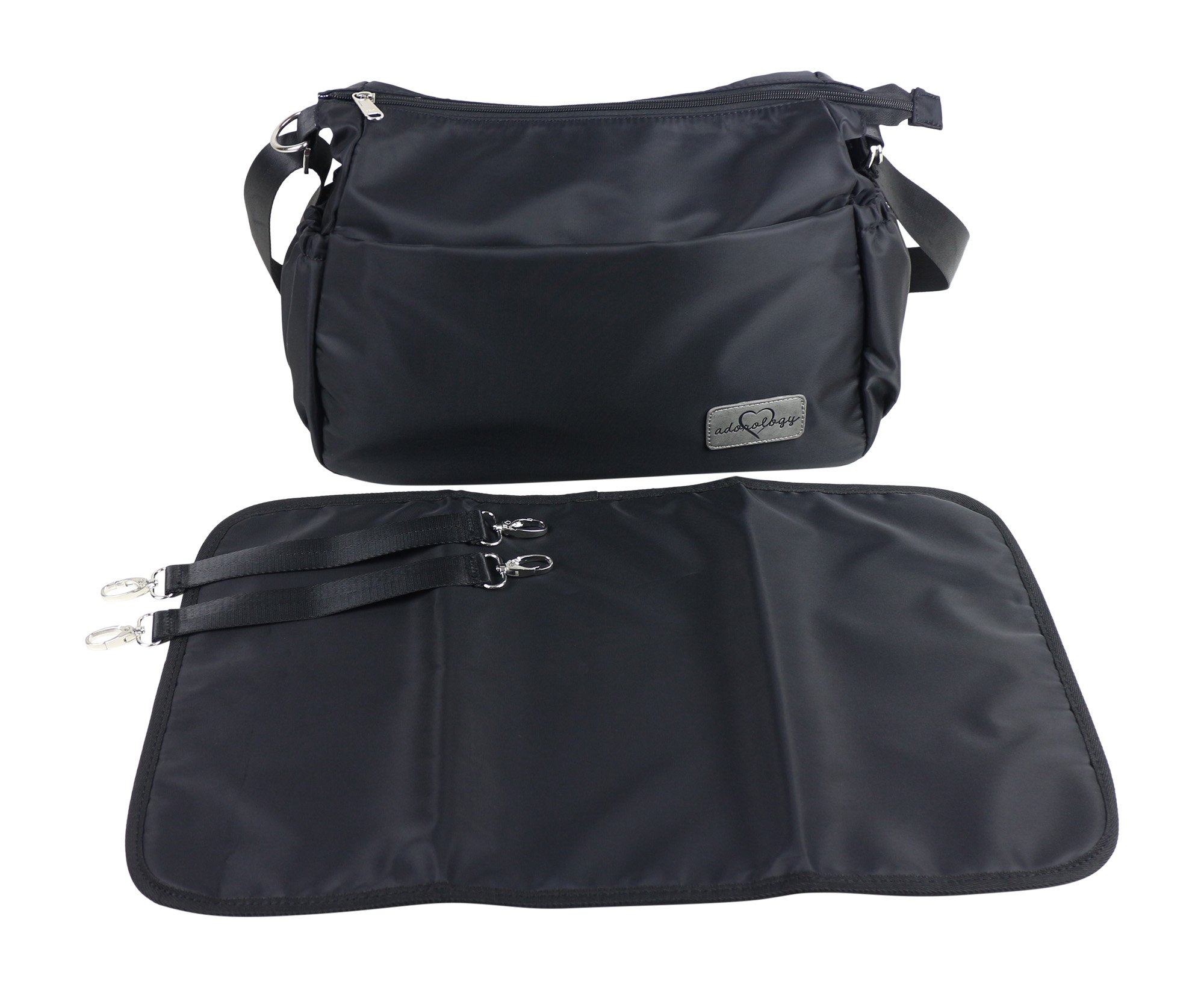Purse Diaper Bag in Black Nylon with Matching Changing Pad Stroller Straps Premium Zippers 11 Pockets Insulated for Baby Bottles Crossbody Silver Tone Hardware Spacious Perfect for Moms on The Go