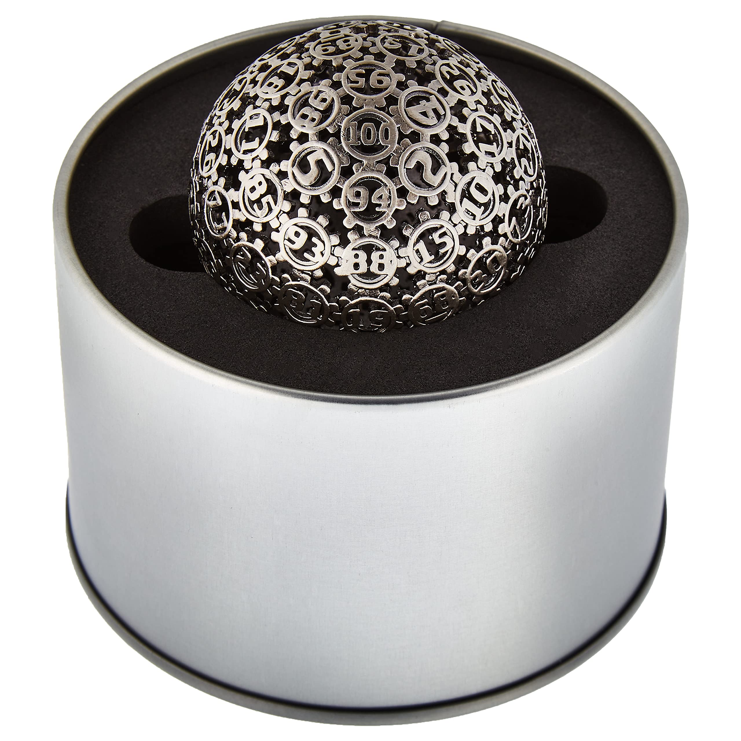 Clockwork Hollow d100 Polyhedral Dice in Protective Case - Giant 45mm Metal 100 Sided Die with Steampunk Gears - Premium Novelty Tabletop RPG Fantasy Accessory Roleplaying Games DND (Ancient Silver)