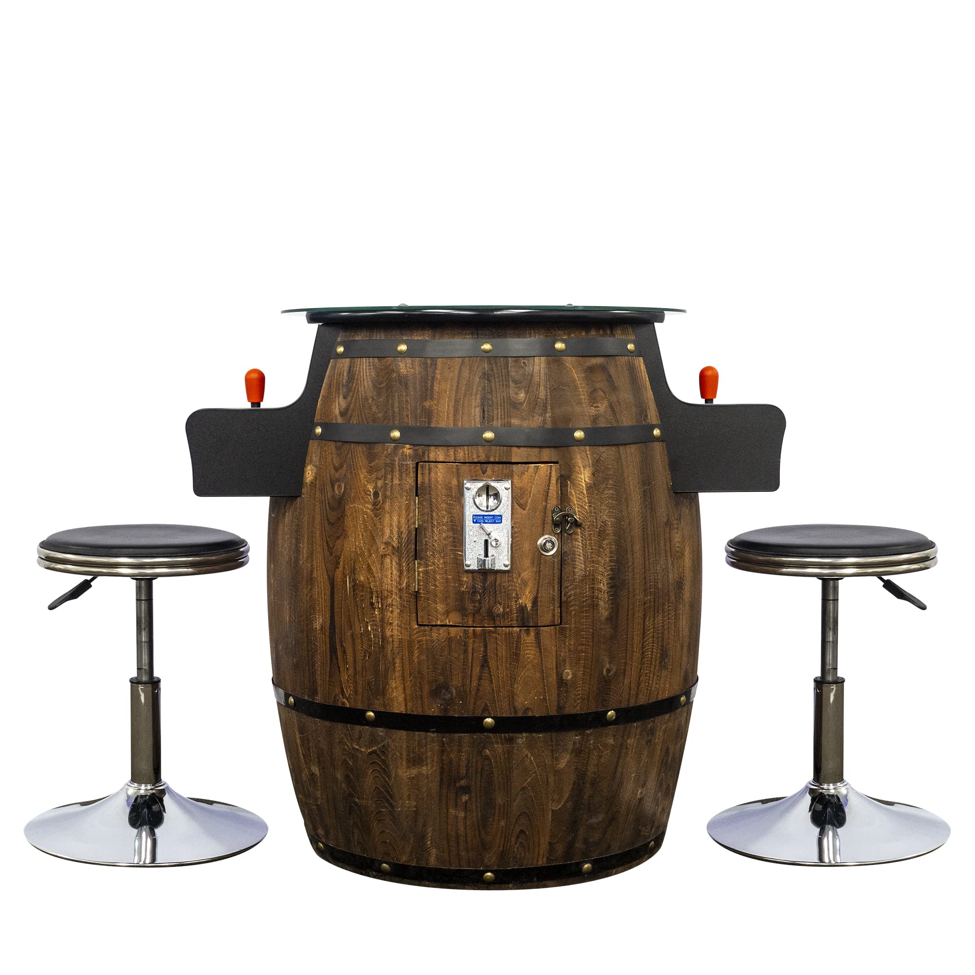 Creative Arcades Full Size Commercial Grade Wine Barrel Style Pub Arcade Machine | 2 Player | 412 Games | 19" LCD Screen | Round Glass Top | 2 Sanwa Joysticks | 2 Stools Included | 3 Year Warranty