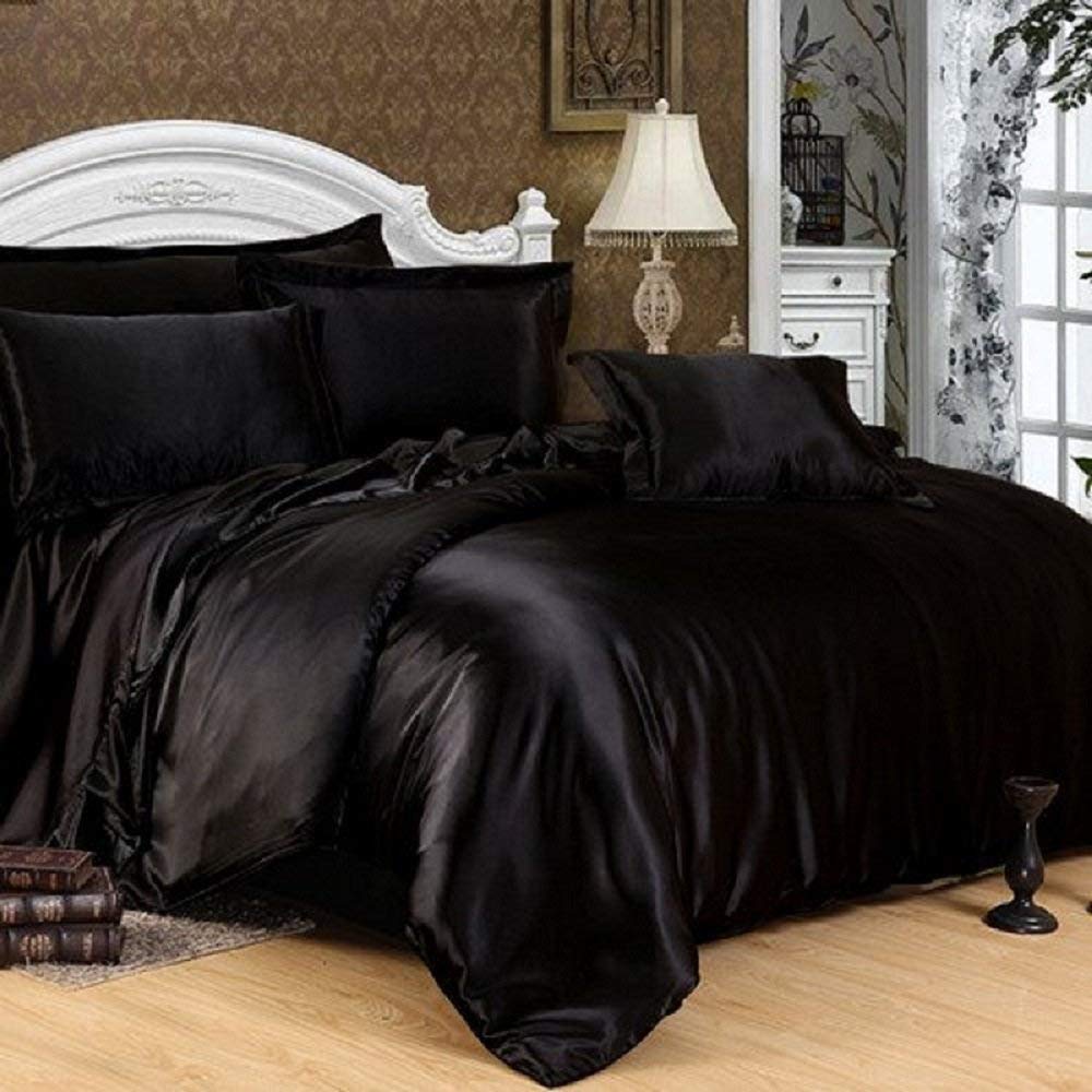 Bedify Bedding 100% Pure Silk Satin Duvet with Fitted Set 4 Pcs Silk Fitted Sheet 15" Deep Pocket Silk Duvet Cover Pillowcases Soft Silk Sheets|Wrinkle Free Fade Resistant(Black,King)