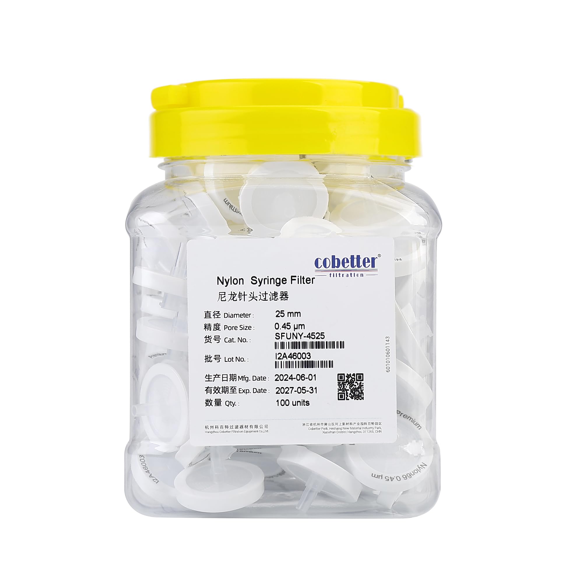 COBETTER 100 Pack Syringe Filter Nylon Lab Filters 0.45μm Pore Size 25mm Diameter Hydrophilic Filtration Non-sterile White