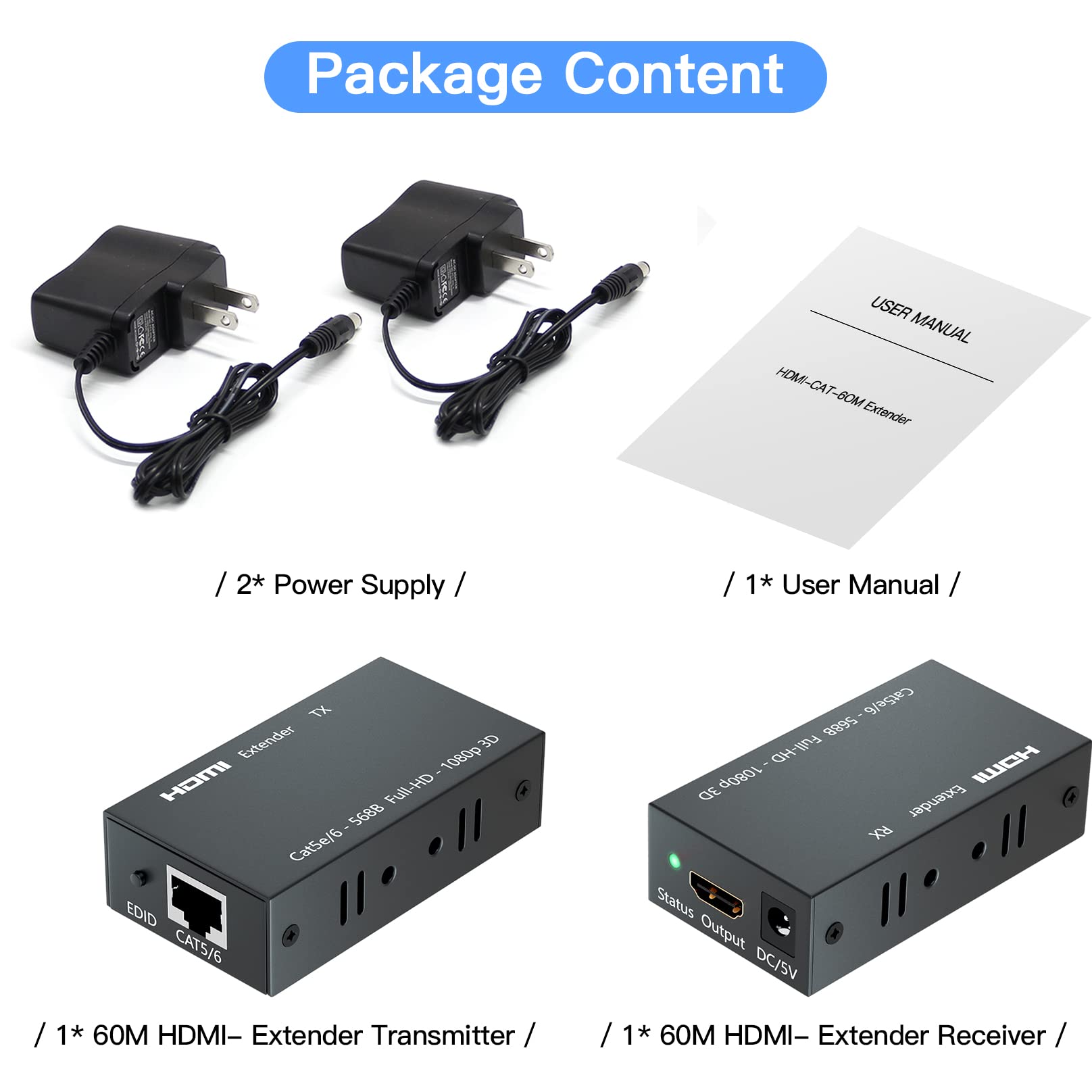 Bcrokory HDMI Extender Up to 60 Meters/196ft, 1080P HDMI Transmitter and Receiver, HDMI Ethernet Sender Repeater Over Singal RJ45 Cat5e/6/7 Ethernet LAN Cable, HDMI to RJ45/RJ45 to HDMI Transmission