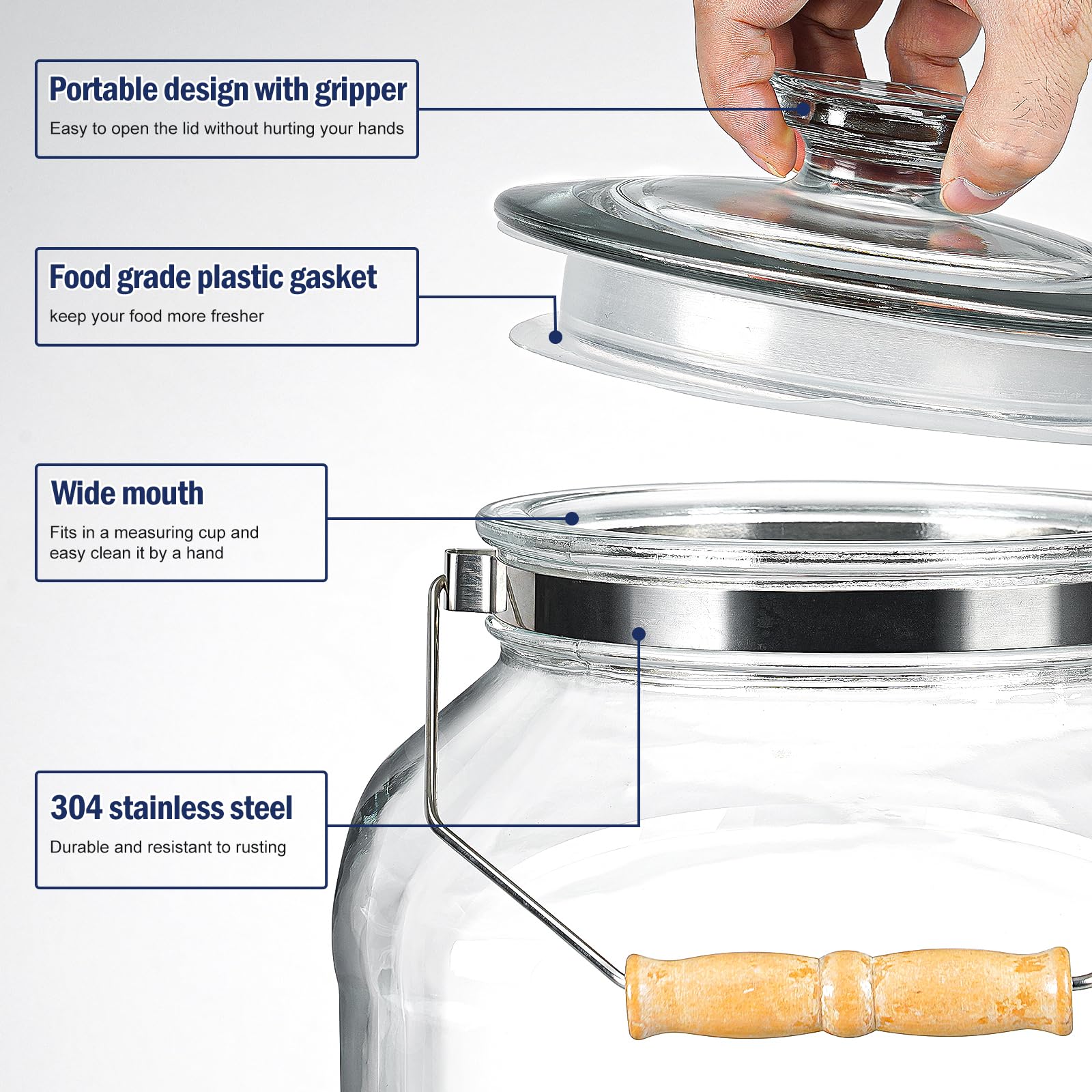 Daitouge 2.5 Gallon Glass Jar with Lids, 5.5" Opening Heavy Large Glass Storage Jars with Handle, Extra Big Glass Container for Kitchen Organization