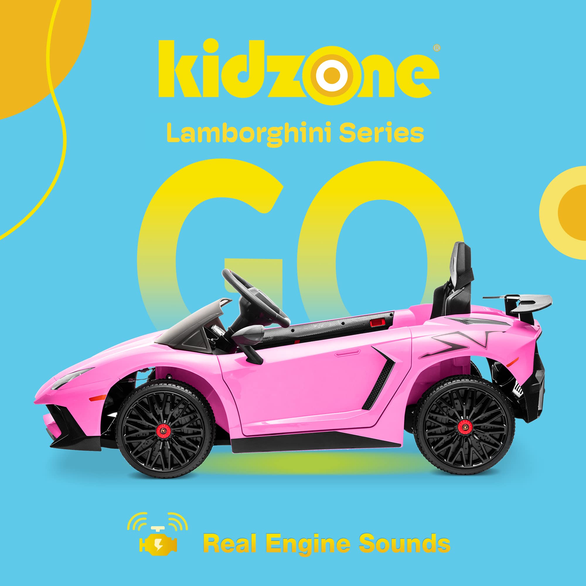 Kidzone Kids Electric Ride On 12V Licensed Lamborghini Aventador Battery Powered Sports Car Toy with 2 Speeds, Parent Control, Sound System, LED Headlights & Hydraulic Doors - Pink