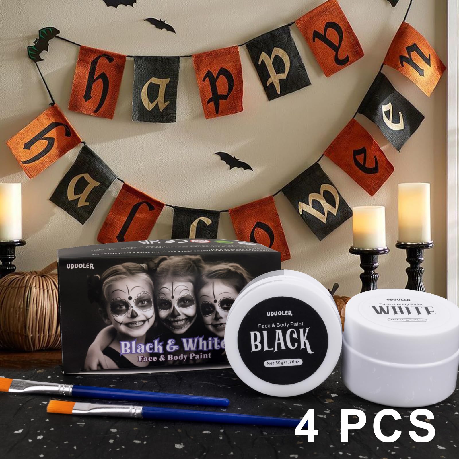 Black and White Face Paint,Halloween Skeleton Face Paint Kit with 2Pcs Painting Brushes,Water Based Body Paint for Adults & Kids,SFX Makeup Palette for Zombie,Joker,Clown,Cosplay,Costume,Theater
