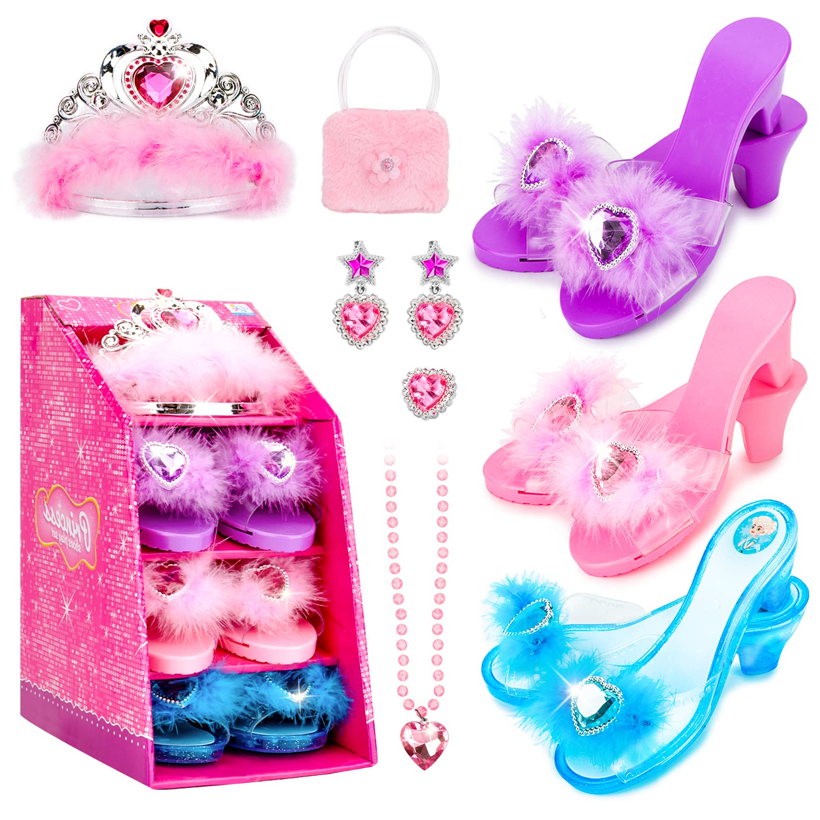 Princess Shoes and Girls Purse Jewelry Toys, Princess Dress Up Clothes for Little Girls, Toddler Dress Up Shoes, Crown Necklace Earrings, Ring, Girls Toys for Little Girls 3,4,5Years Old Pink