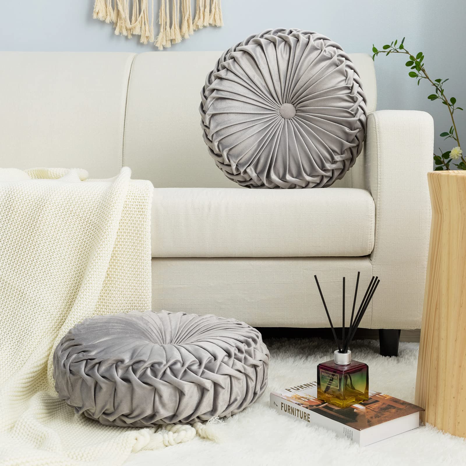 FONORAN Round Throw Pillows,Home 15.7 Round Floor Cushions Pillow,Handcrafted Pumpkin Velvet Home Decorative Back Pillow Cushion for Sofa Couch Chair Bed (Gray)