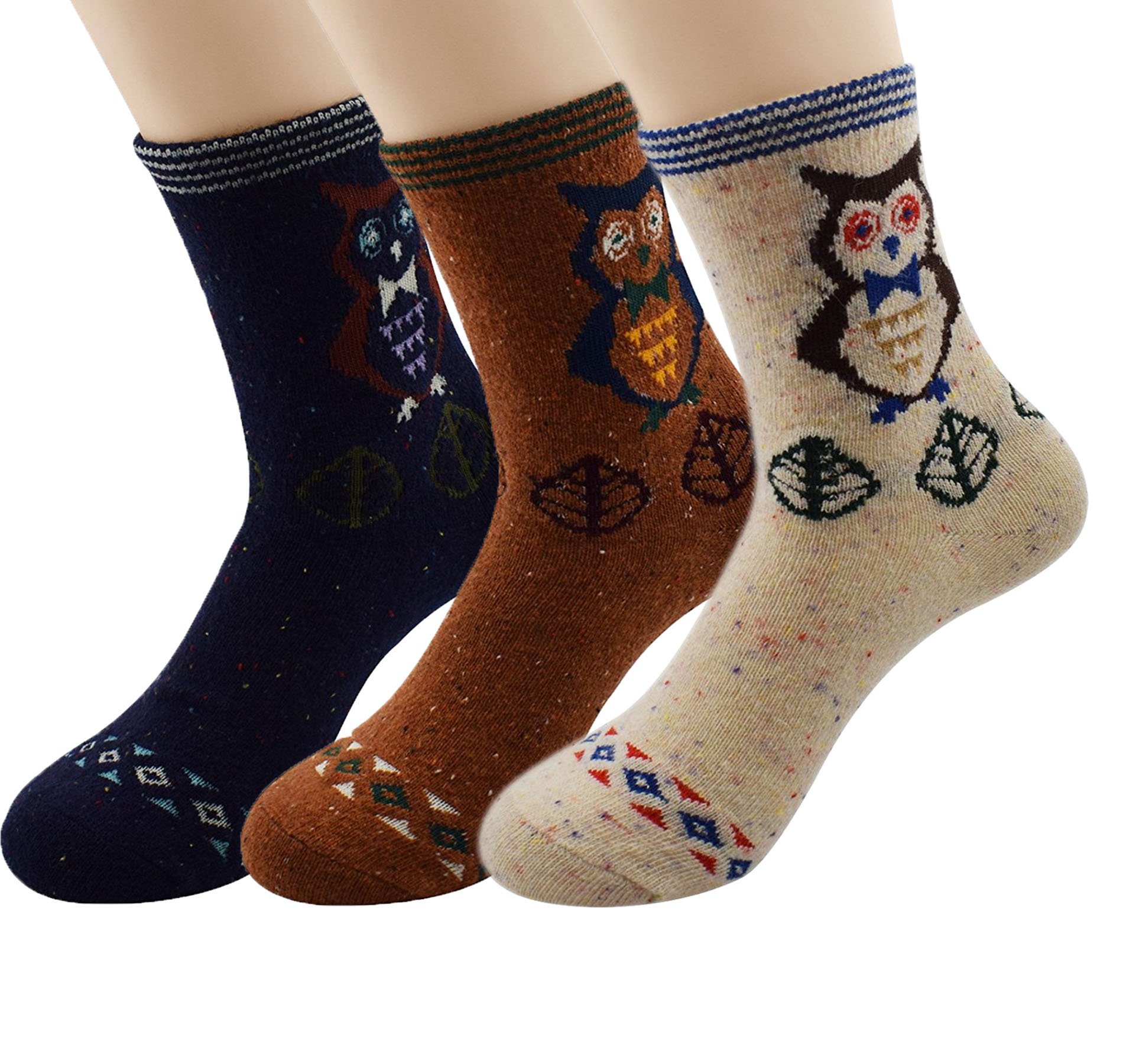 American Trends Women's Winter Thick Warm Athletic Crew Socks Cute Animal Vintage Style Wool Knitting Sock 3 Pack Owl