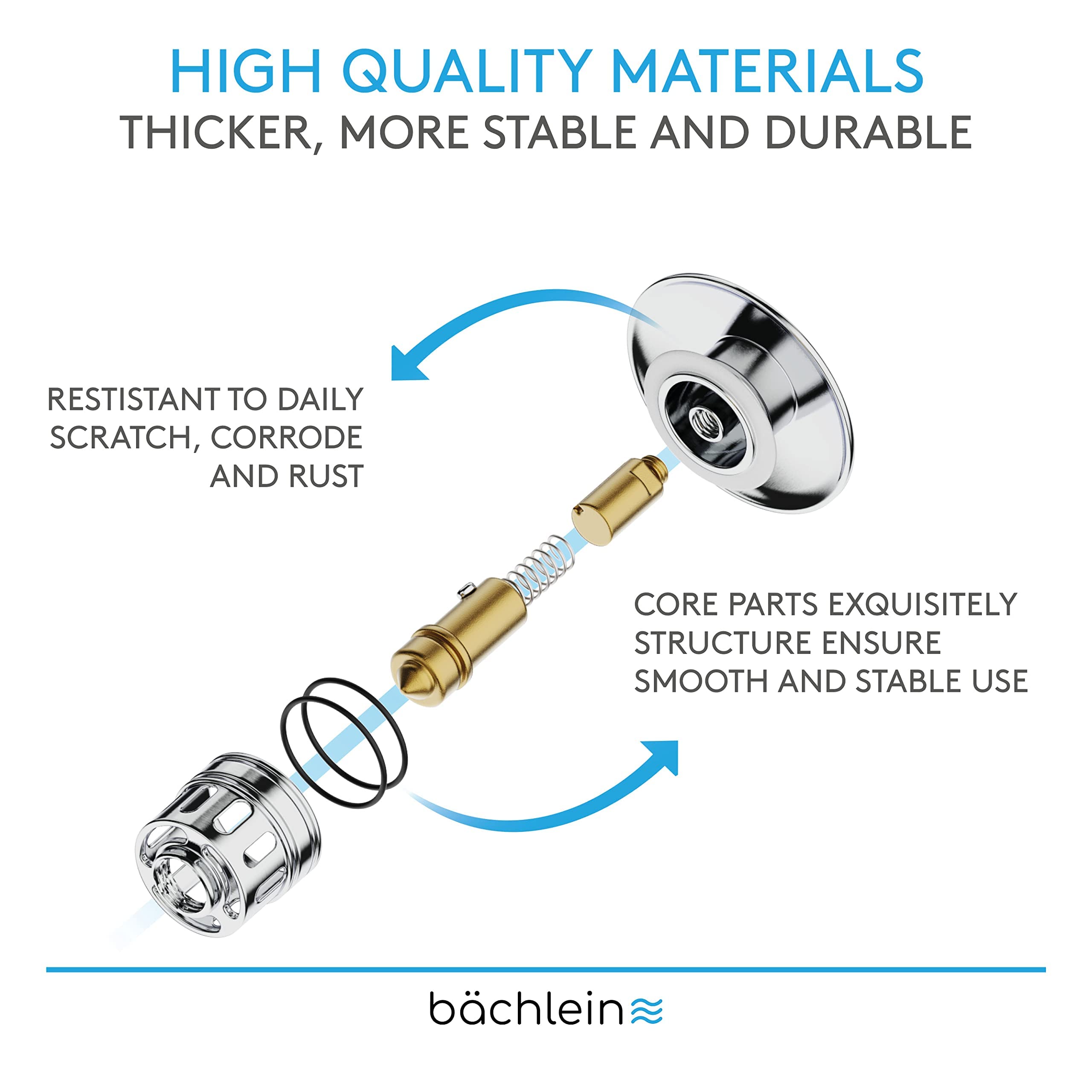Bächlein Bathroom Sink Drain with Overflow - Sink Stopper with Pop Up Function - Chrome Pop Up Bathroom Sink Drain incl. 3 Extra Seals and Installation Manual - German Brand