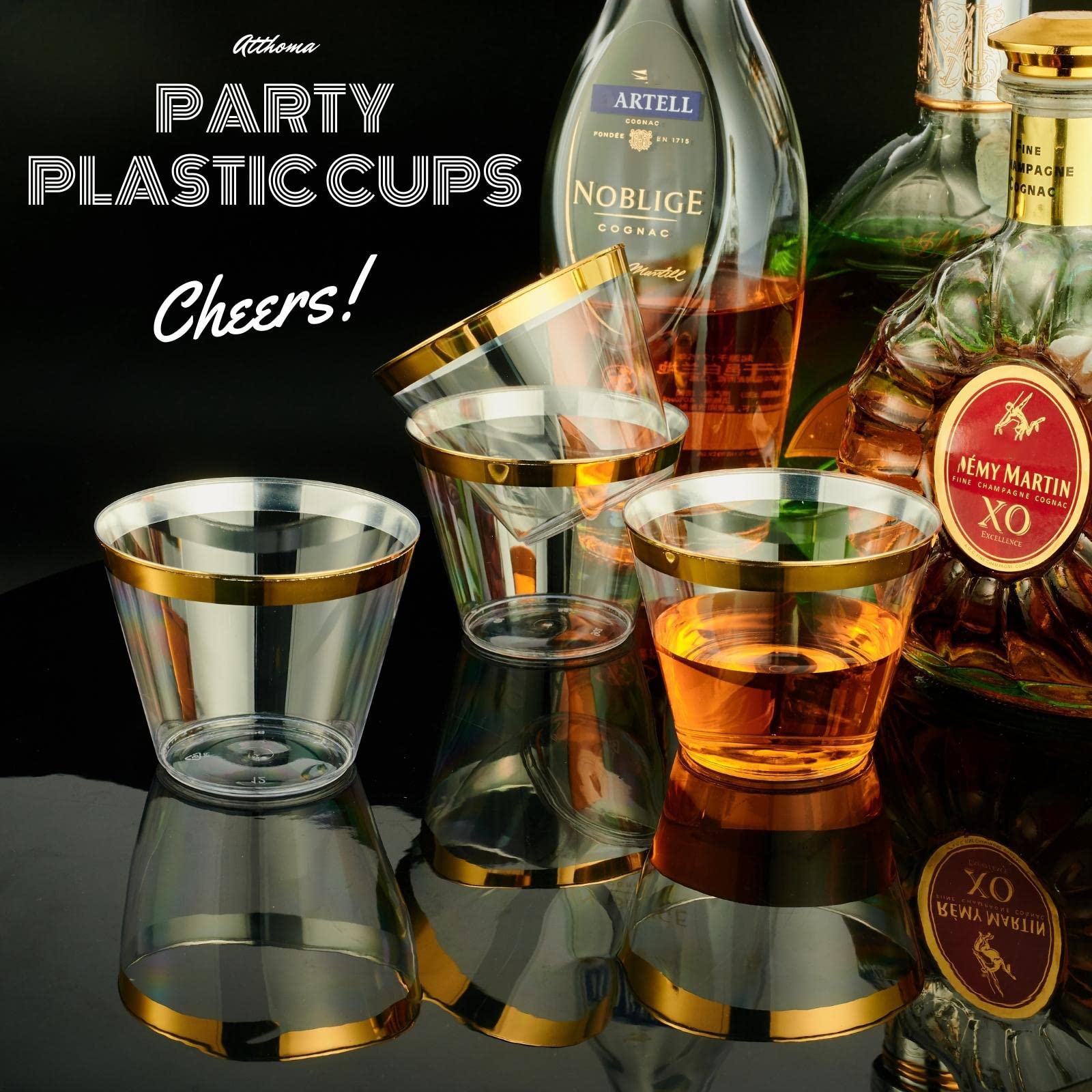 Athoma 12oz Gold Rimmed Plastic Cups Disposable, Drinket Gold Plastic Glasses for party, 100pcs Disposable Plastic Cups Tumblers, Hard Plastic Party Cups, Plastic Wedding Cups,Plastic Cups For Party