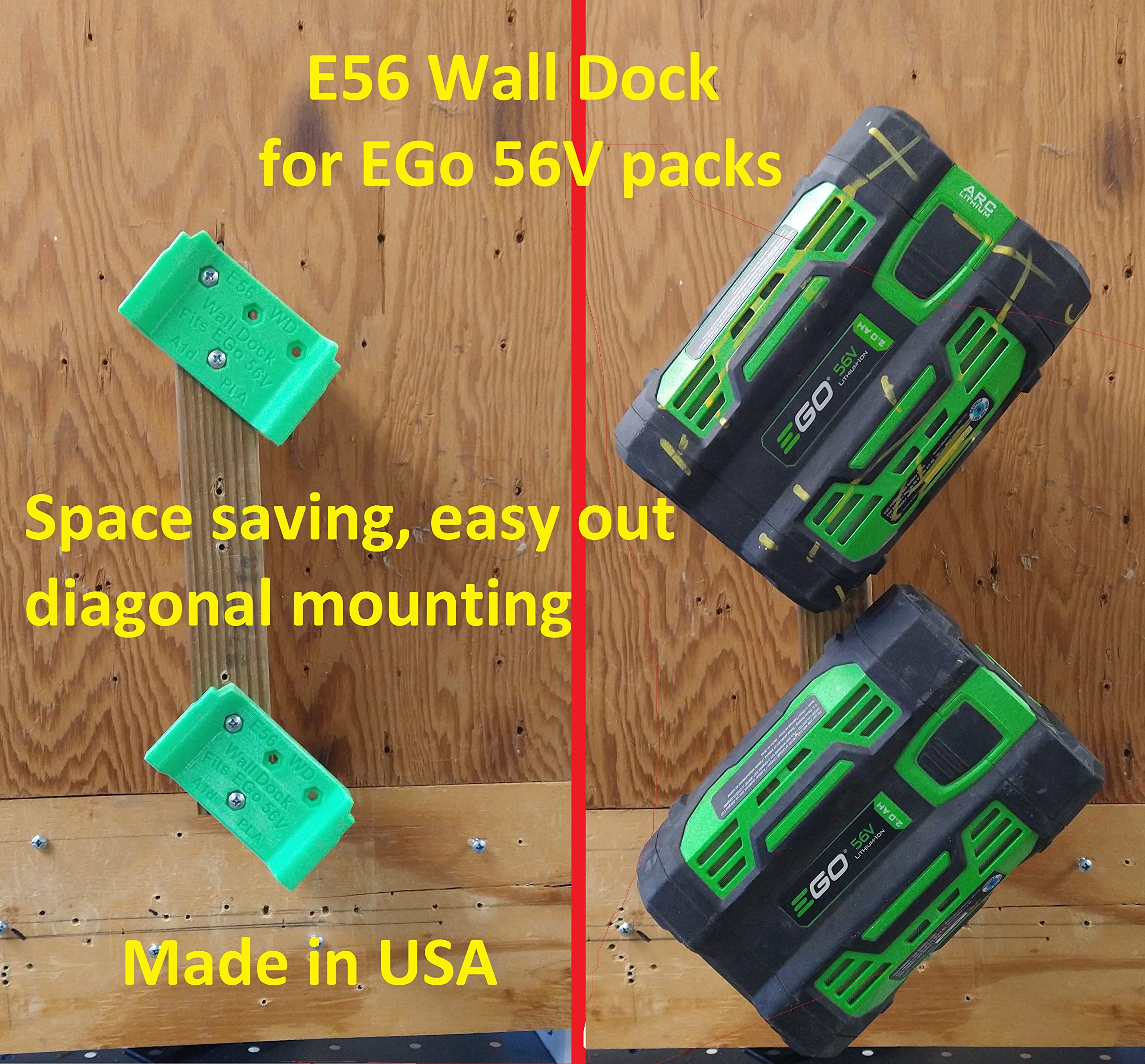 Made by Mitchell Compatibe with EGo 56V Battery Holder, Mount, Store, Wall Dock, lawnmower leaf blower, trimmer USA -2 PACK- PN E56-WDx2