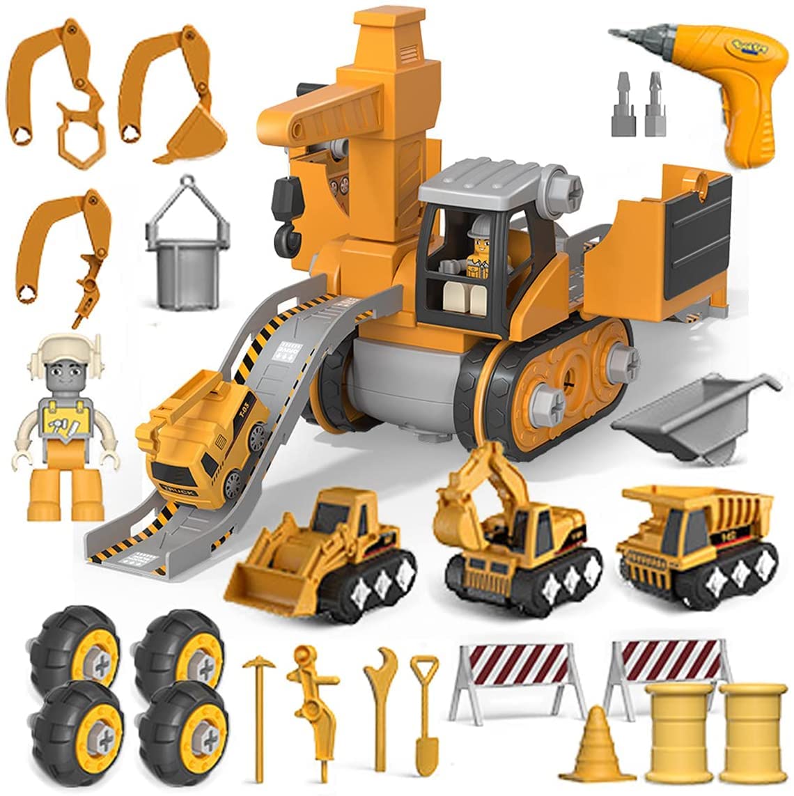 Kids Construction Toys Truck Set, Engineeering Vehicle Palyset, Crane Excavator Bulldozer Forklift, DIY Take Apart Toys with 4 Mini Cars for Age 3-8 Year Old Children, Christmas Birthday Gifts Boys
