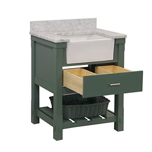 Charlotte 30-inch Bathroom Vanity (Carrara/Sage Green): Includes Sage Green Cabinet with Authentic Italian Carrara Marble Countertop and White Ceramic Farmhouse Apron Sink