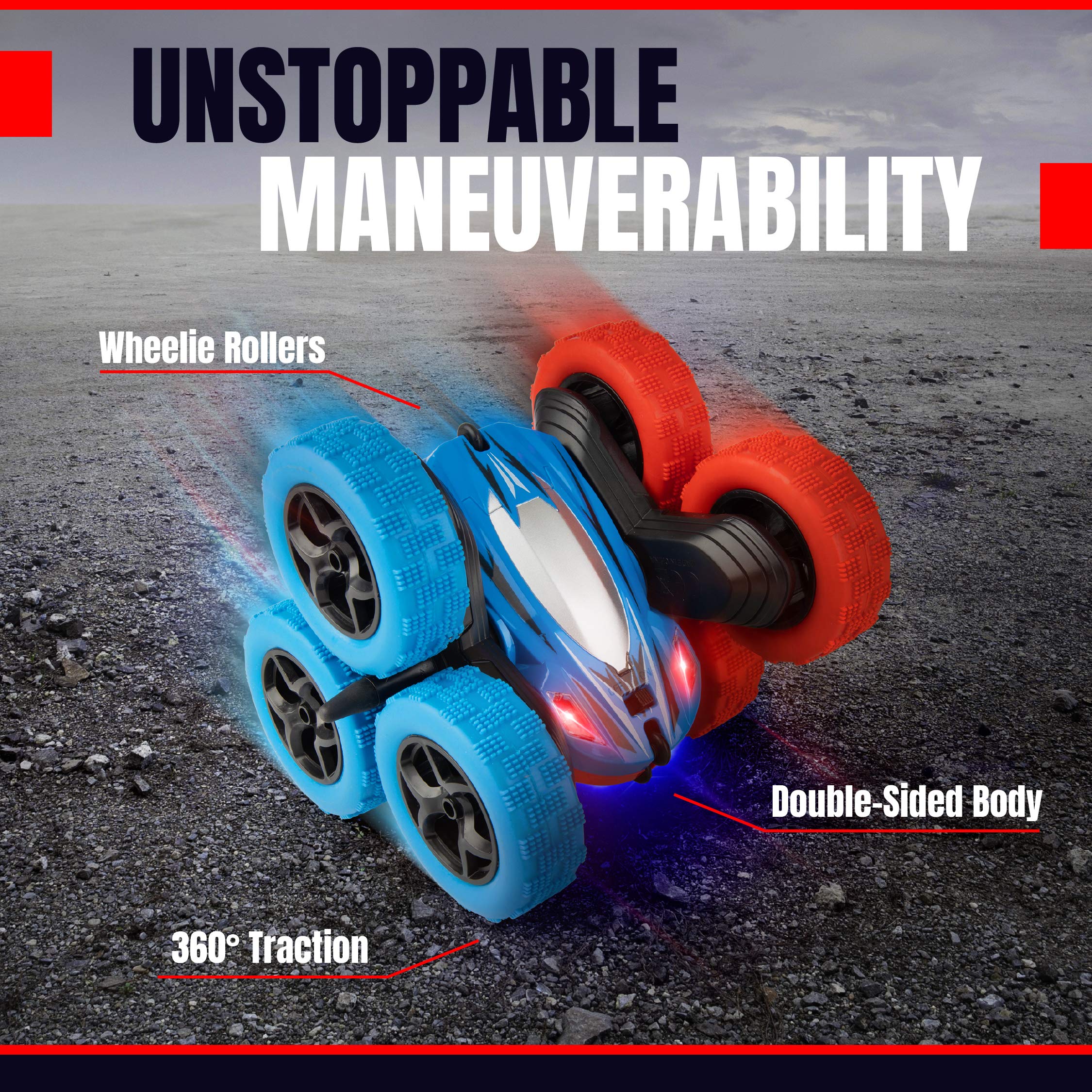 Force1 Crawler 6 Remote Control Car for Kids - 6 Wheeled RC Car Double Sided Driving with LEDs, 360 Flips, All Terrain RC Crawler Wheels, and 2.4 GHZ Remote Control, Red/Blue