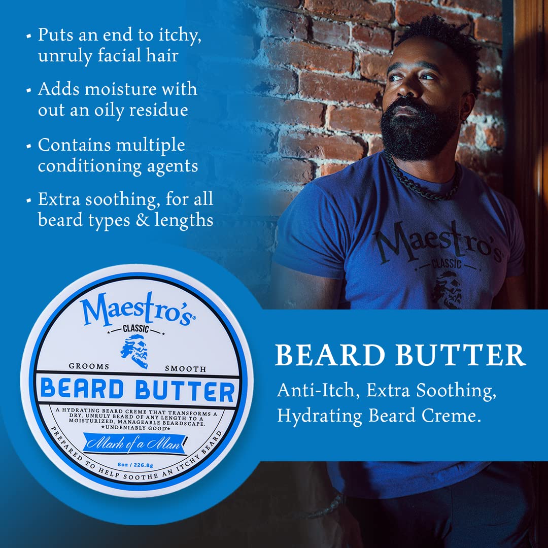 Maestro's Classic BEARD BUTTER | Anti-Itch, Extra Soothing, Hydrating Beard Creme For All Beard Types & Lengths- Mark of a Man Blend, 4 Ounce