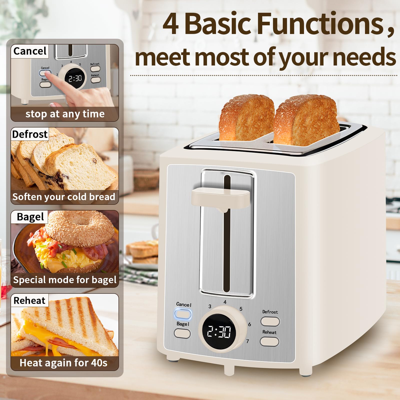 SEEDEEM Toaster 2 Slice, Bread Toaster with LCD Display, 7 Shade Settings, 1.4'' Extra Wide Slots Toaster with Cancel, Bagel, Defrost, Reheat Functions, Removable Crumb Tray, 900W, Cream White