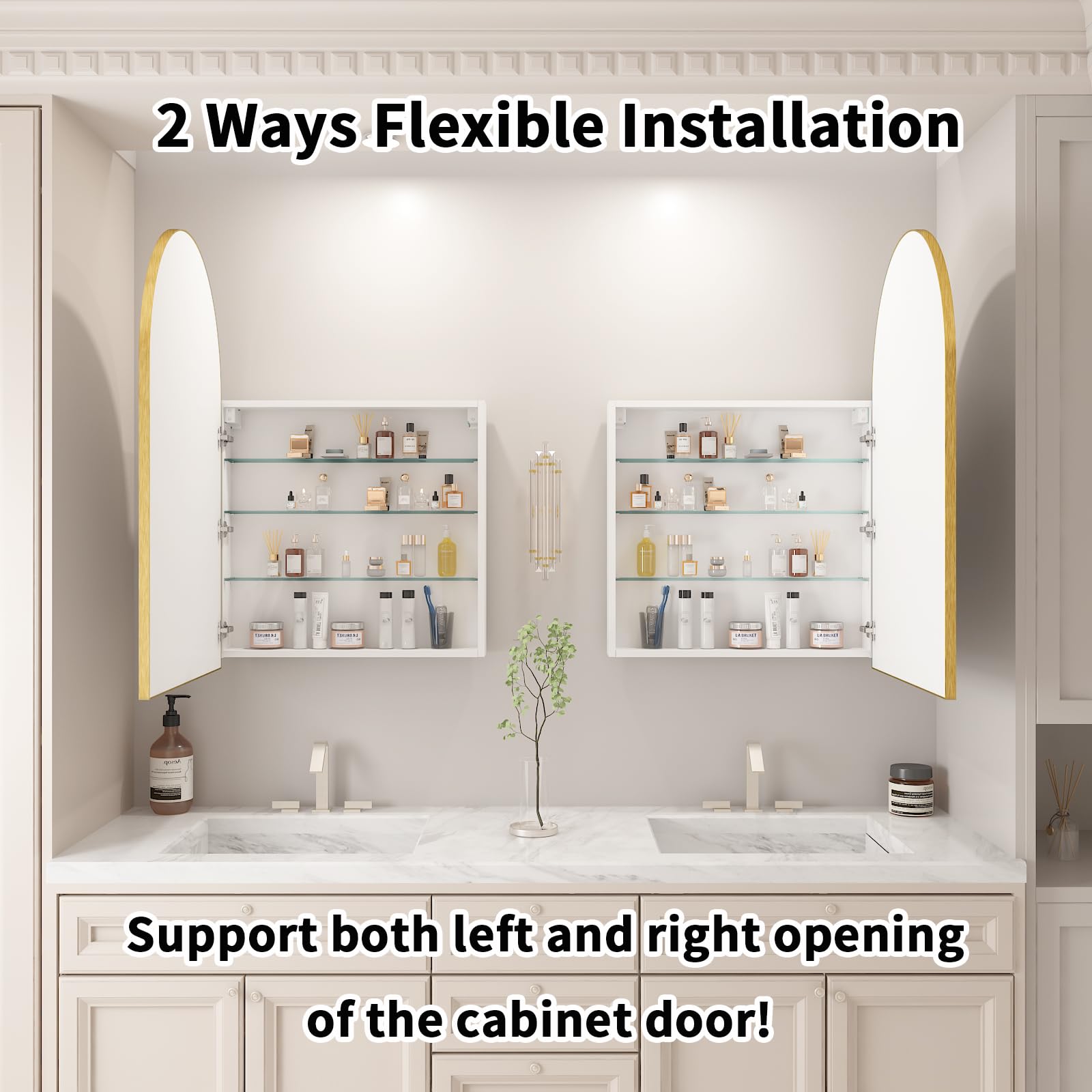 Black Medicine Cabinet with Mirror, Bathroom Arched Medicine Cabinet Wall Mounted, Modern Vanity Mirror with Storage, Mirrored Cabinet with Adjustable Shelves, Not Recessed, 24x36 Inch