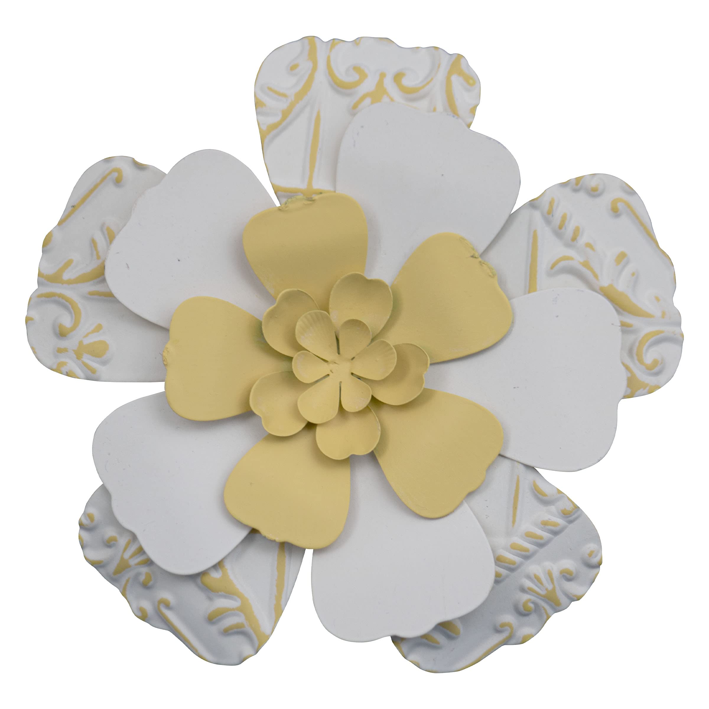 Foreside Home & Garden 7.75 x 7.5 inch White and Yellow Metal Layered Flower Wall Décor FDDD10143, Multi
