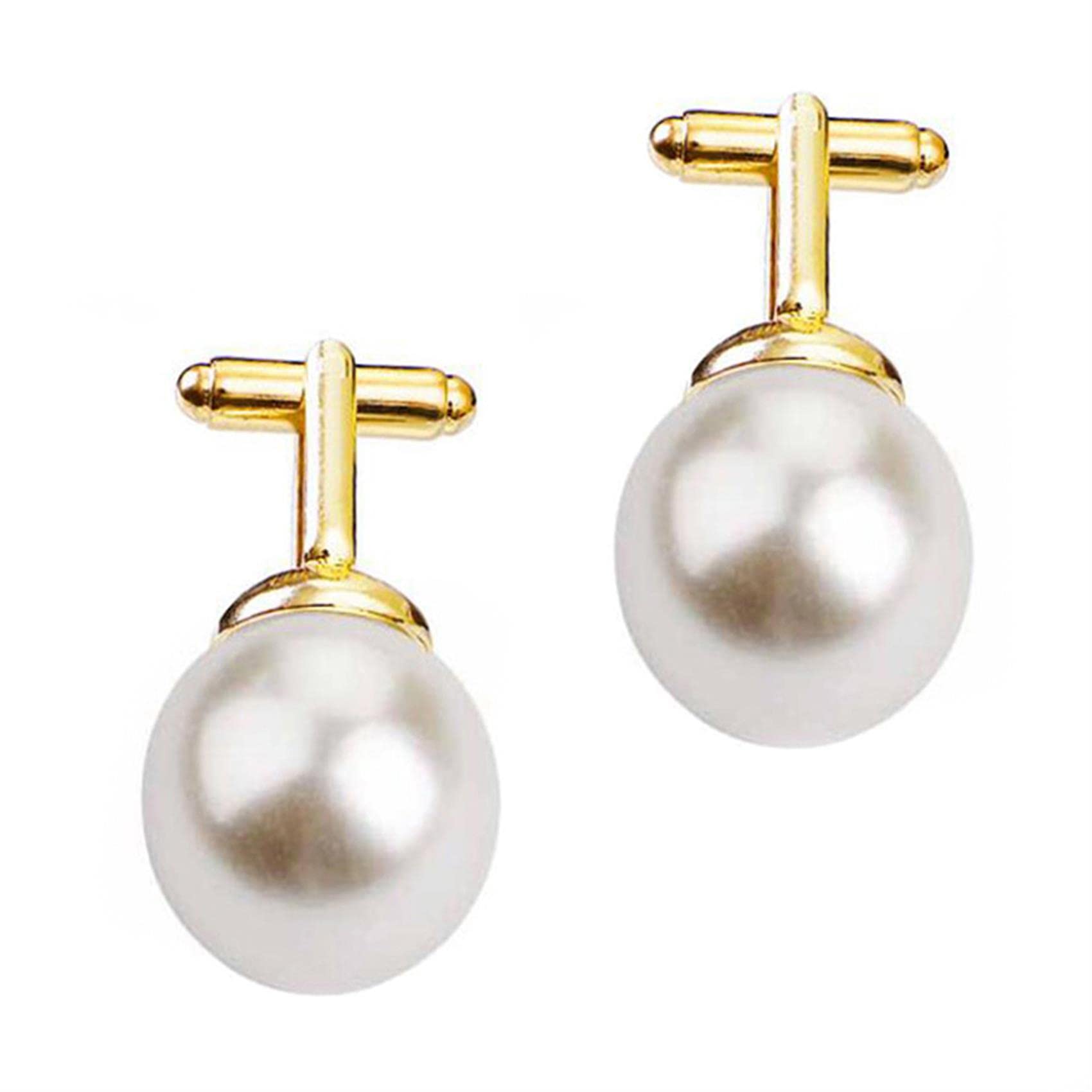 Atmneris Woman Men's Simulated Pearl Cufflinks and Studs for Shirts Business Wedding Formal Suit Cuff Link,gold