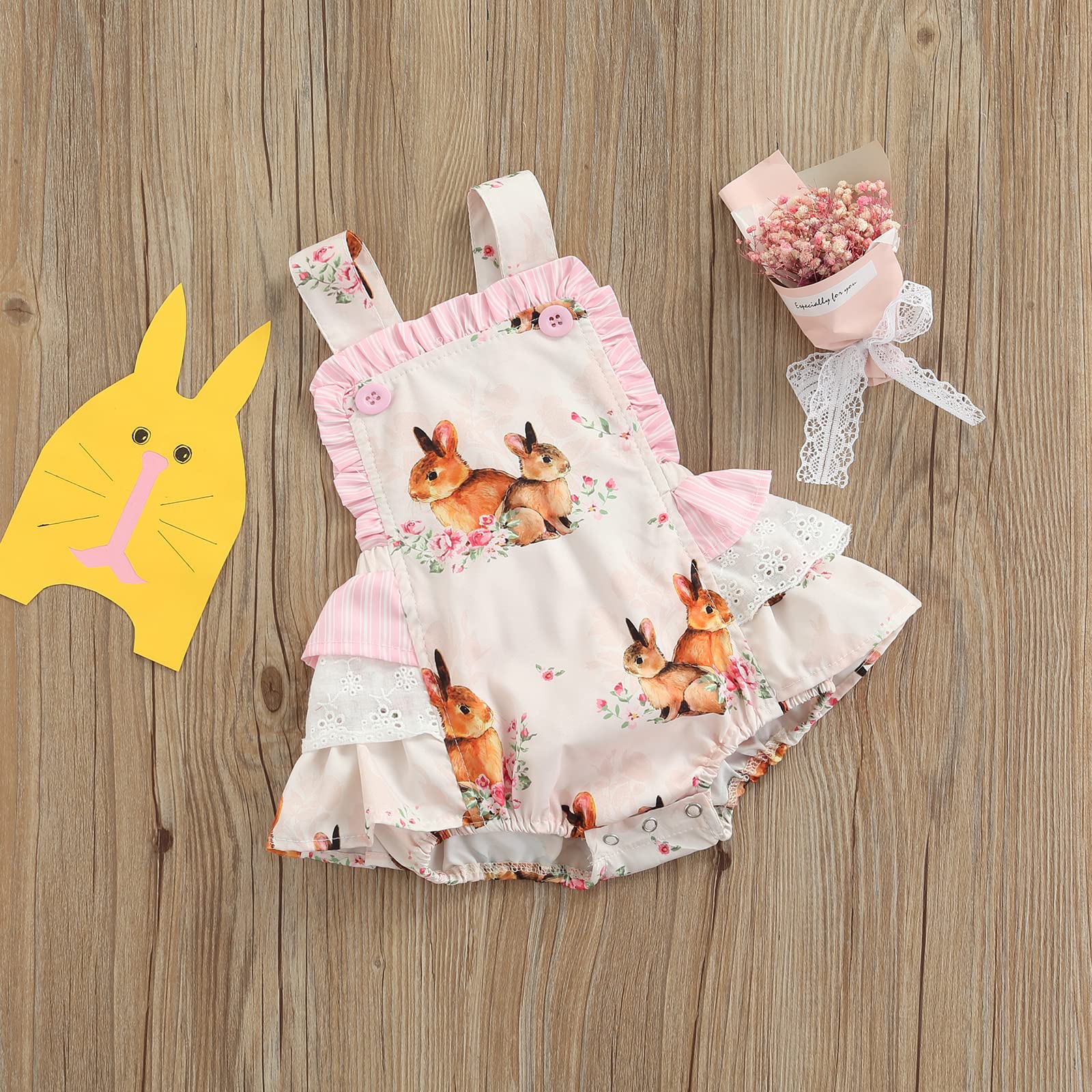 BOIBOKOKO Infant Baby Girl Easter Outfits Sleeveless Bunny Floral Print Romper Ruffle Halter Jumpsuit Bodysuit Easter Clothing (1#Beige, 0-6 Months)