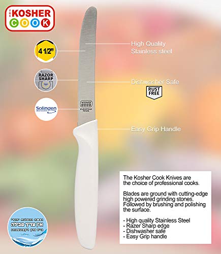 The Kosher Cook White Kitchen Knife – 4.5” Steak and Vegetable Knife - Razor Sharp Curved Tip, Straight Edge - Color Coded Kitchen Tools