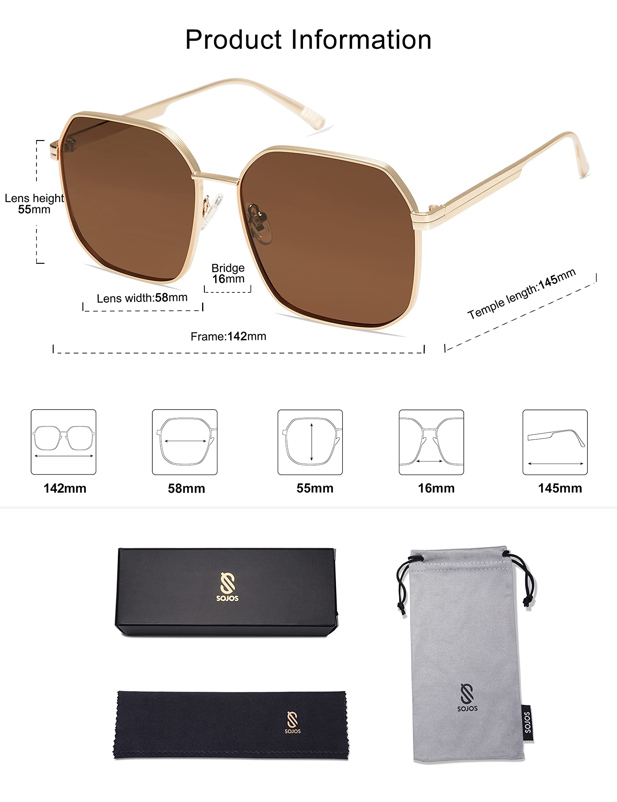 SOJOS Retro Square Polarized Sunglasses for Women Vintage Square Shades UV400 Large Metal Frame SJ1166 with Gold/Brown Lens