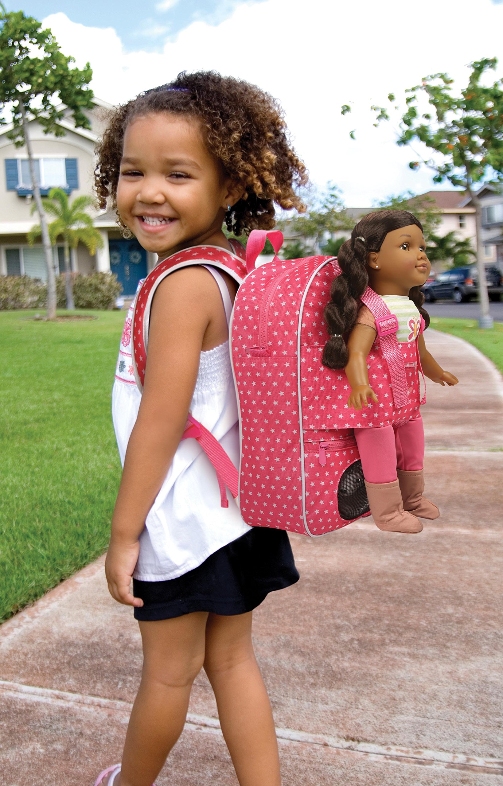 Badger Basket Delightful Doll Travel Backpack with Plush Friend Compartment – Perfect for 18-Inch Dolls with Stylish Pink Star Design