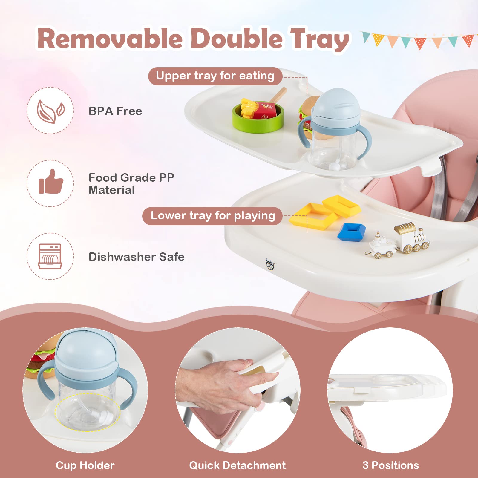 BABY JOY Baby High Chair, Foldable Highchair w/Toy Bar, 7 Heights, 4 Reclining Angles, Adjustable Footrest, Removable Double Tray, PU Cushion & Lockable Wheels for Babies Toddlers, 6-36 Months (Pink)